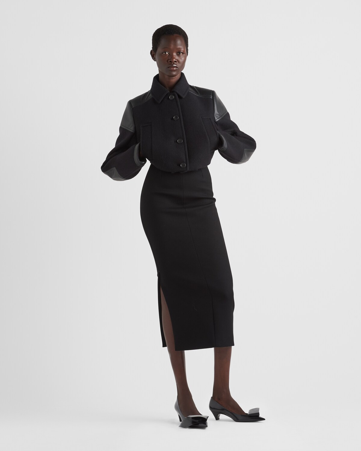 Black Cropped Cloth And Leather Jacket | PRADA