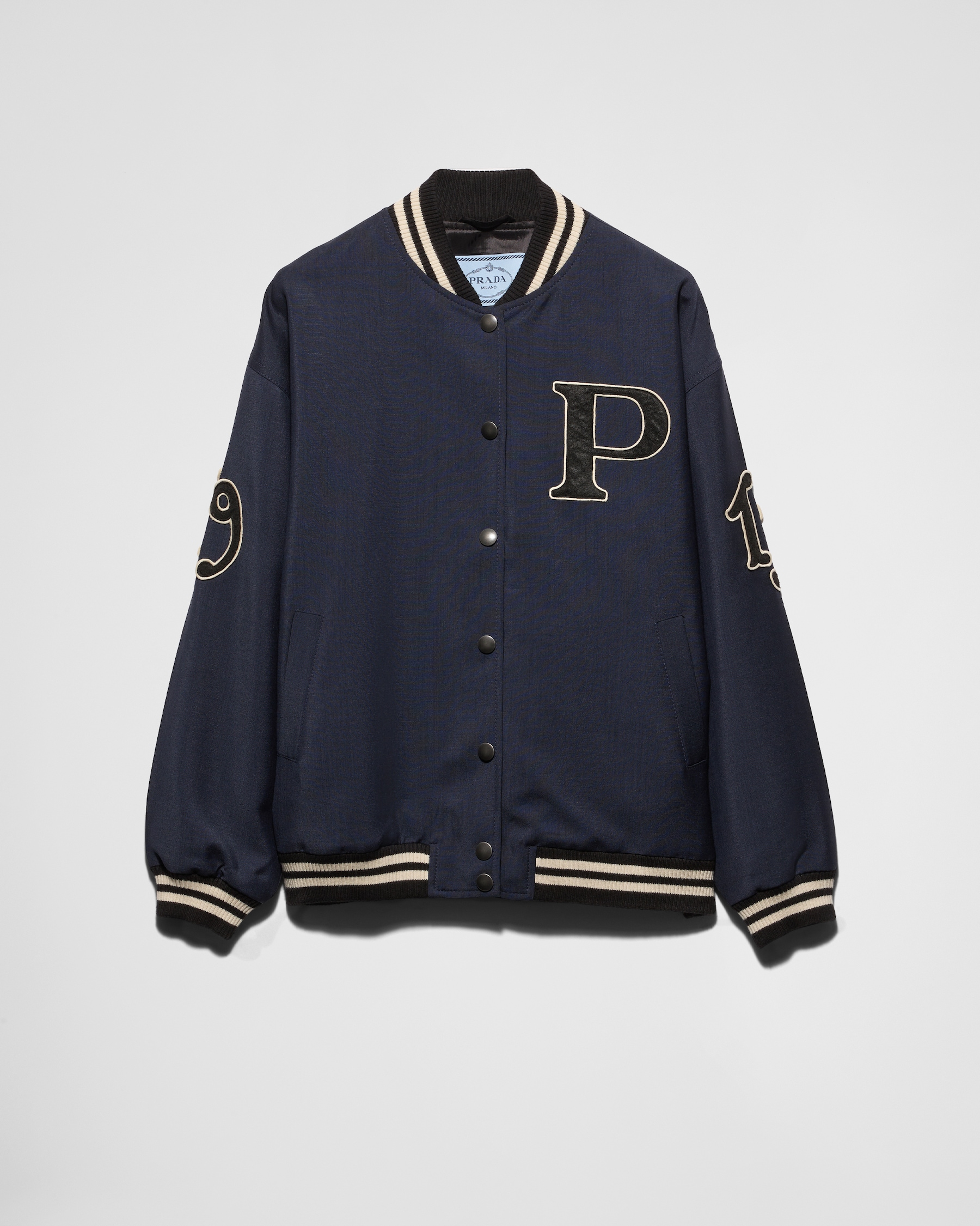 Navy Kid Mohair Bomber Jacket With Patches | PRADA