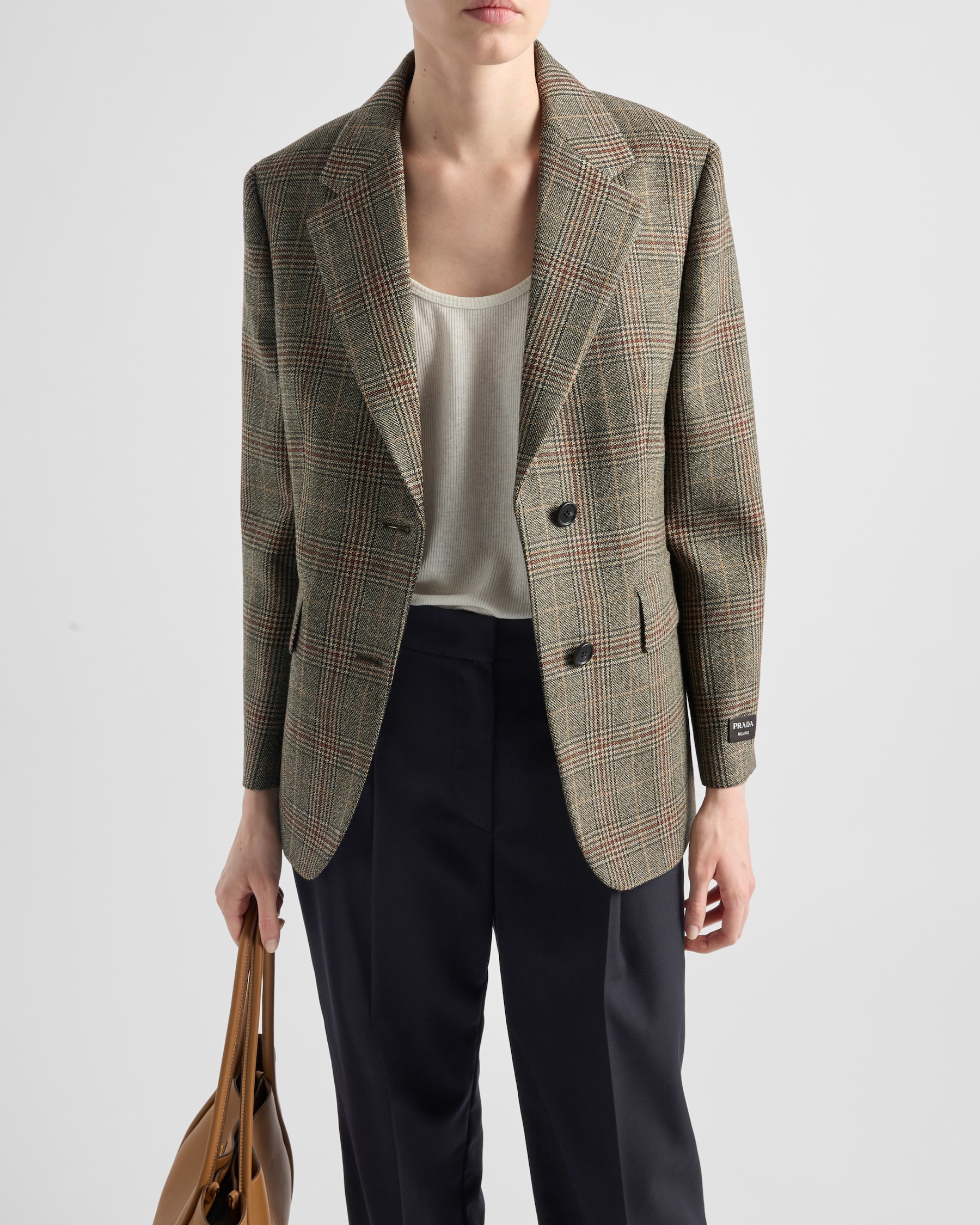 Military Green Single-breasted Prince Of Wales Checked Jacket | PRADA