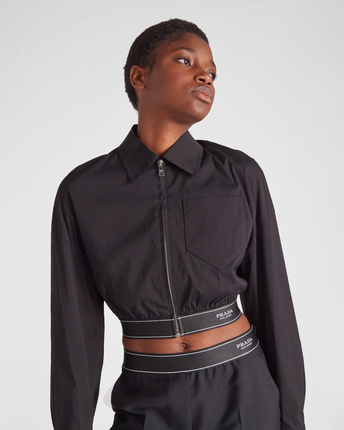 Black Cropped Stretch Poplin Jacket | PRADA