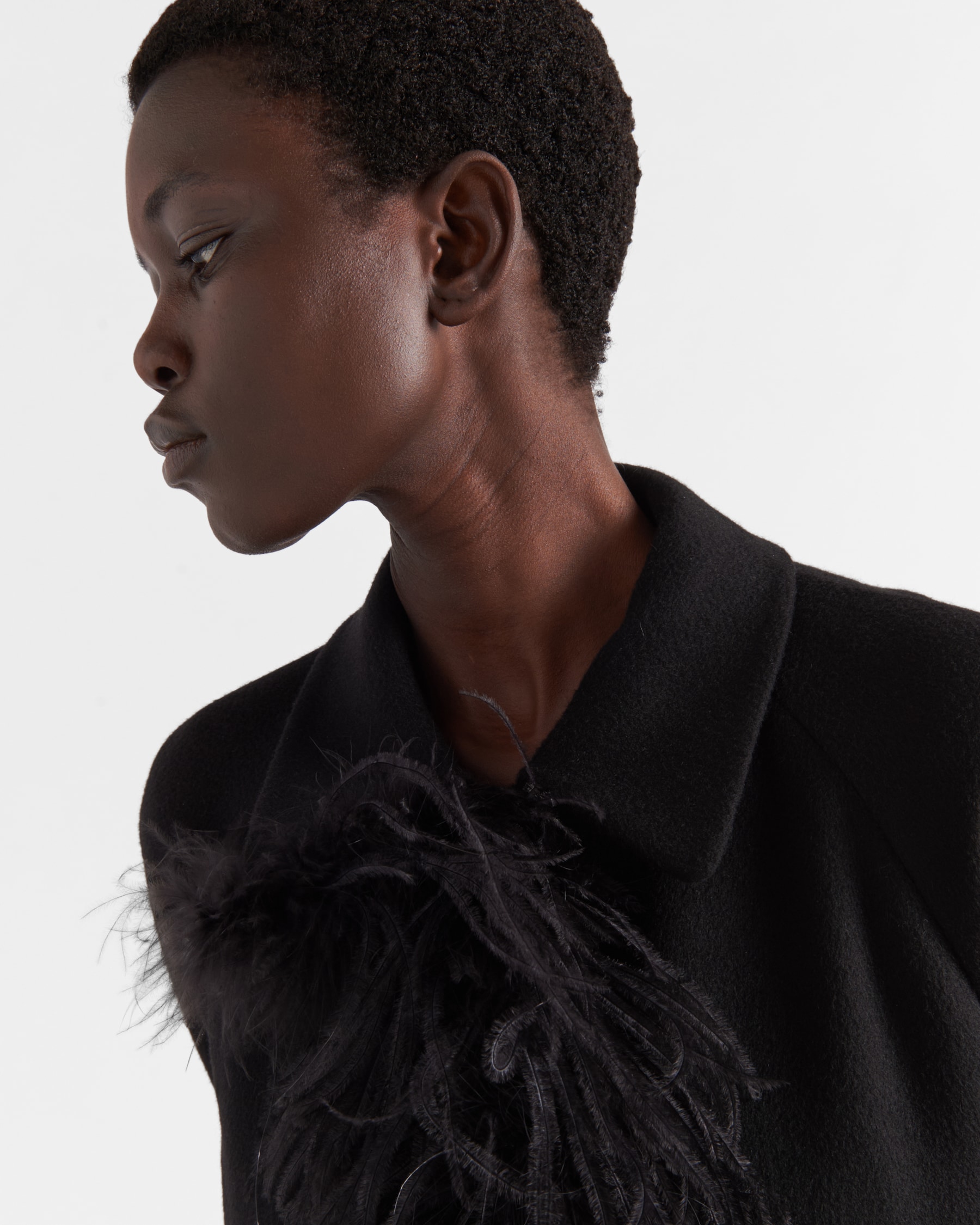 Black Single-breasted Cashmere Coat With Feathers | PRADA