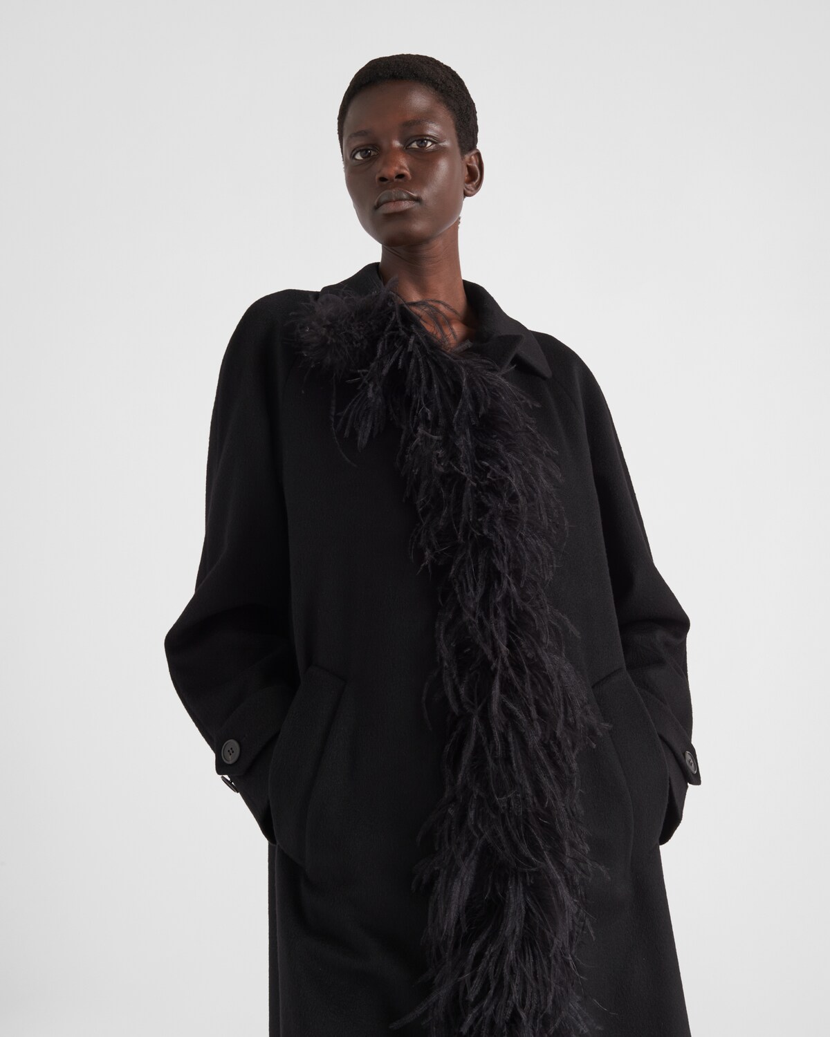 Black Single-breasted Cashmere Coat With Feathers | PRADA