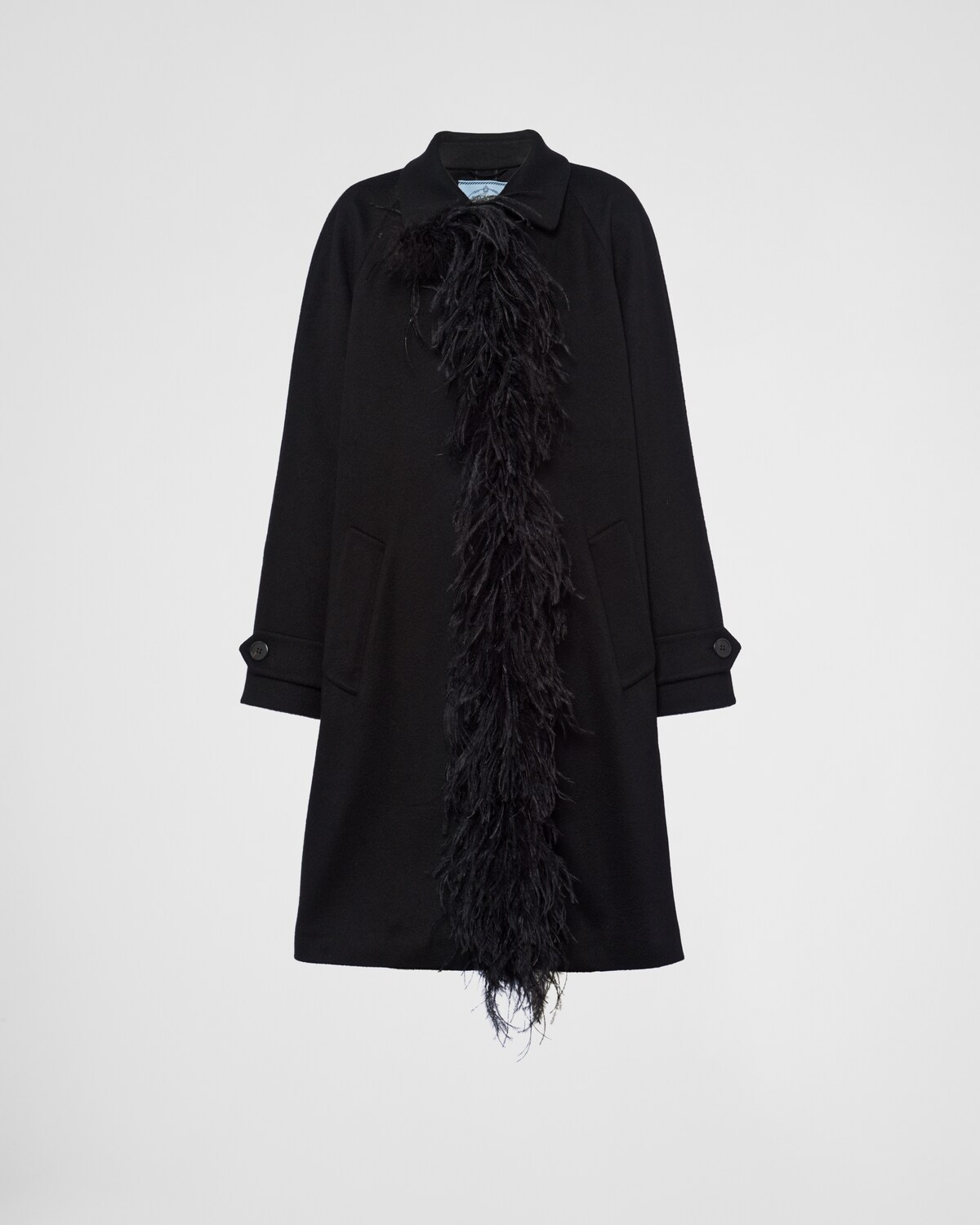Black Single-breasted Cashmere Coat With Feathers | PRADA