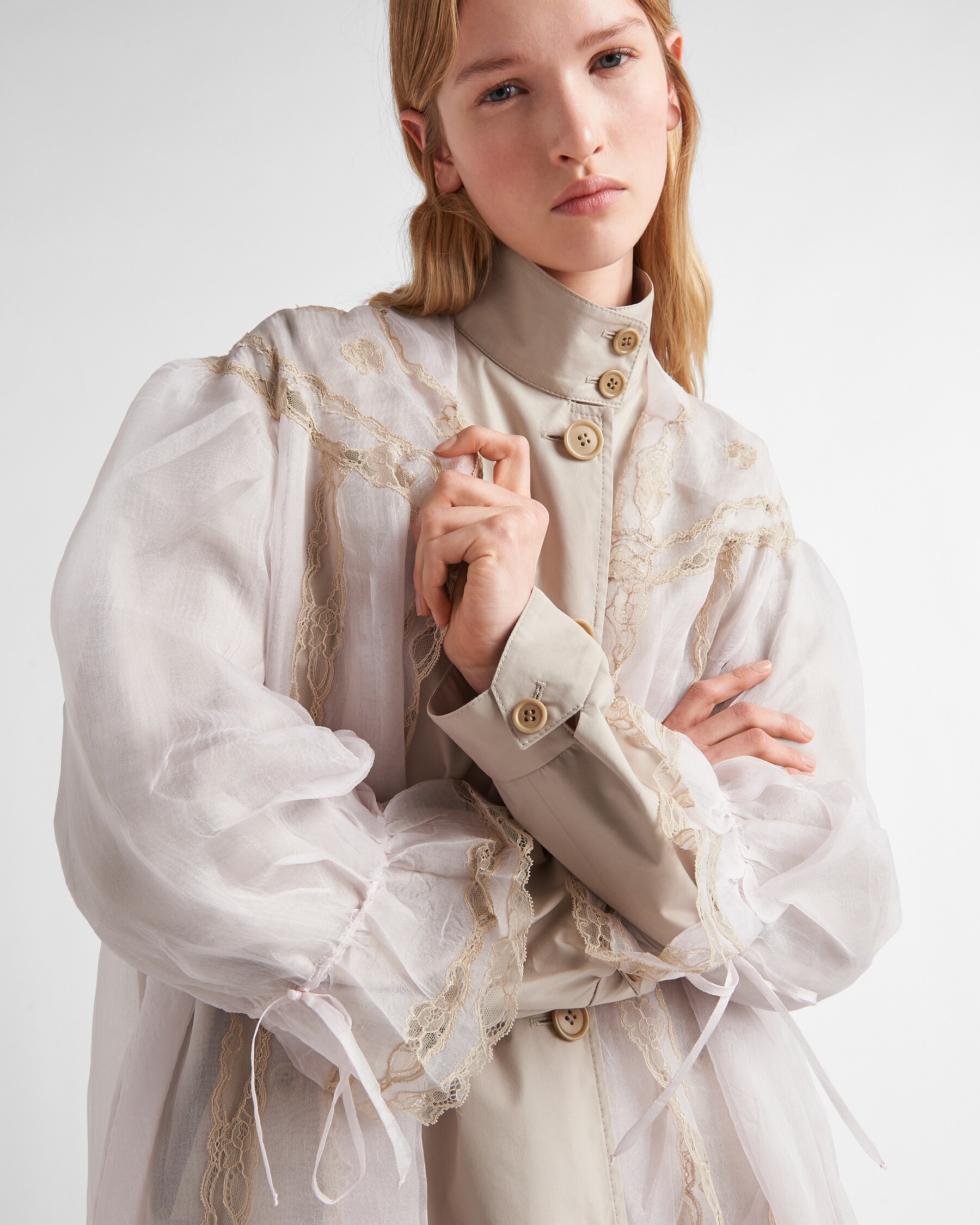 Alabaster Pink Nylonette Coat With Intarsia Lace | PRADA