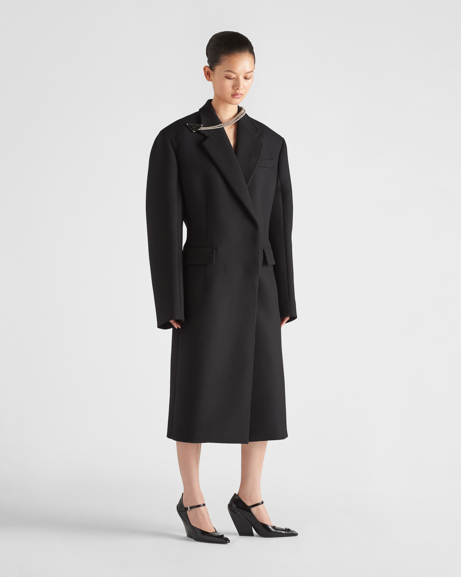 Black Double-breasted Cloth Coat | PRADA