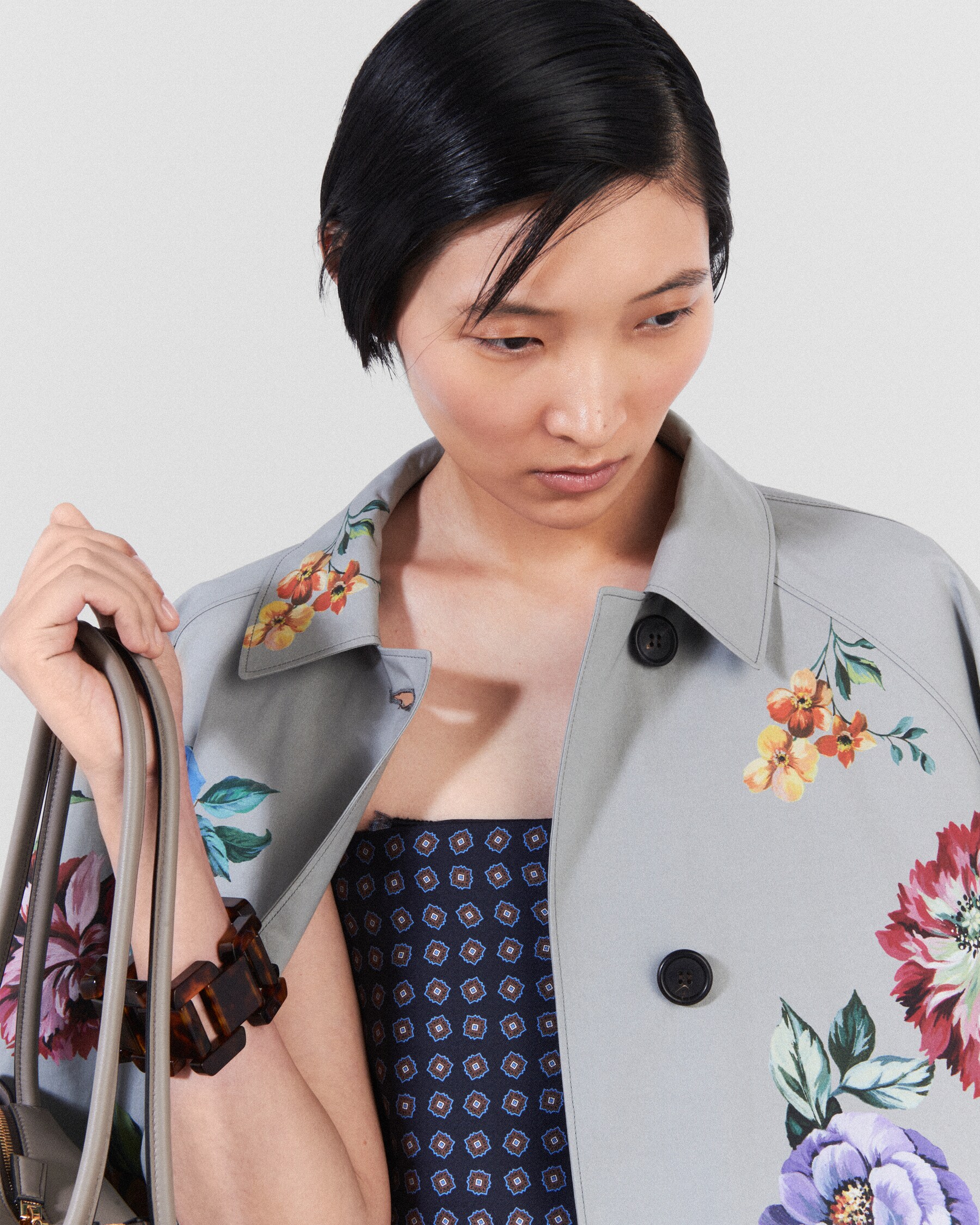 Steel Gray Printed Cotton Single-breasted Coat | PRADA