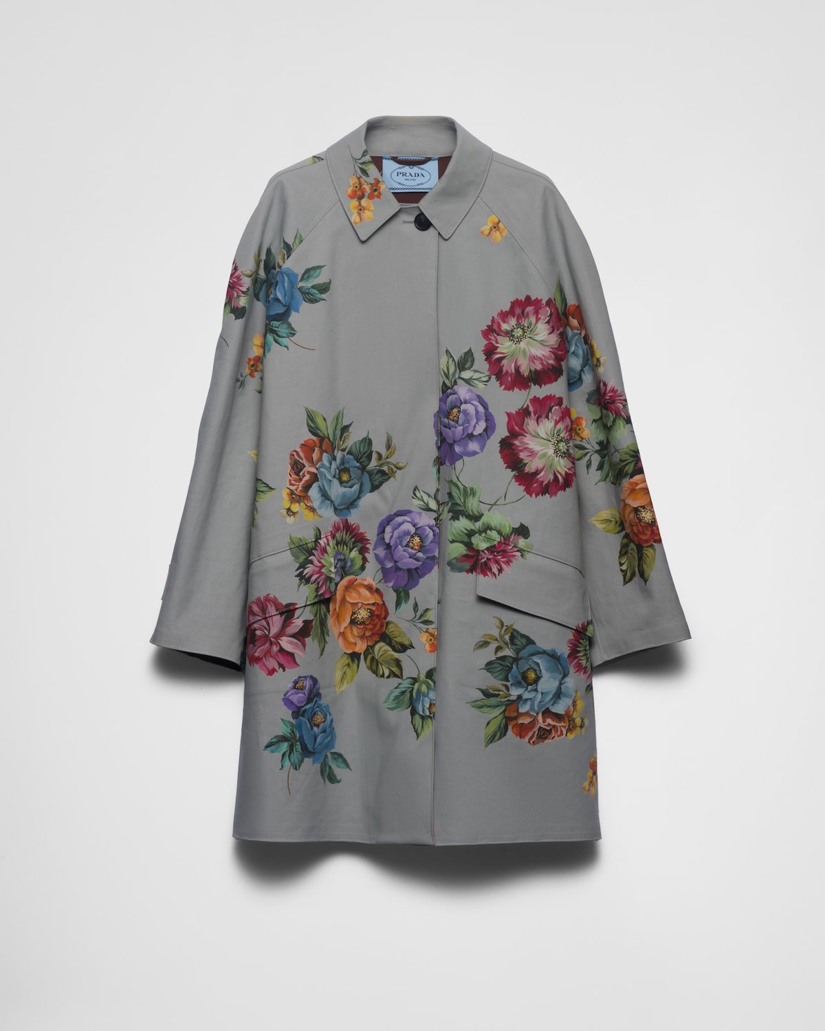 Steel Gray Printed Cotton Single-breasted Coat | PRADA