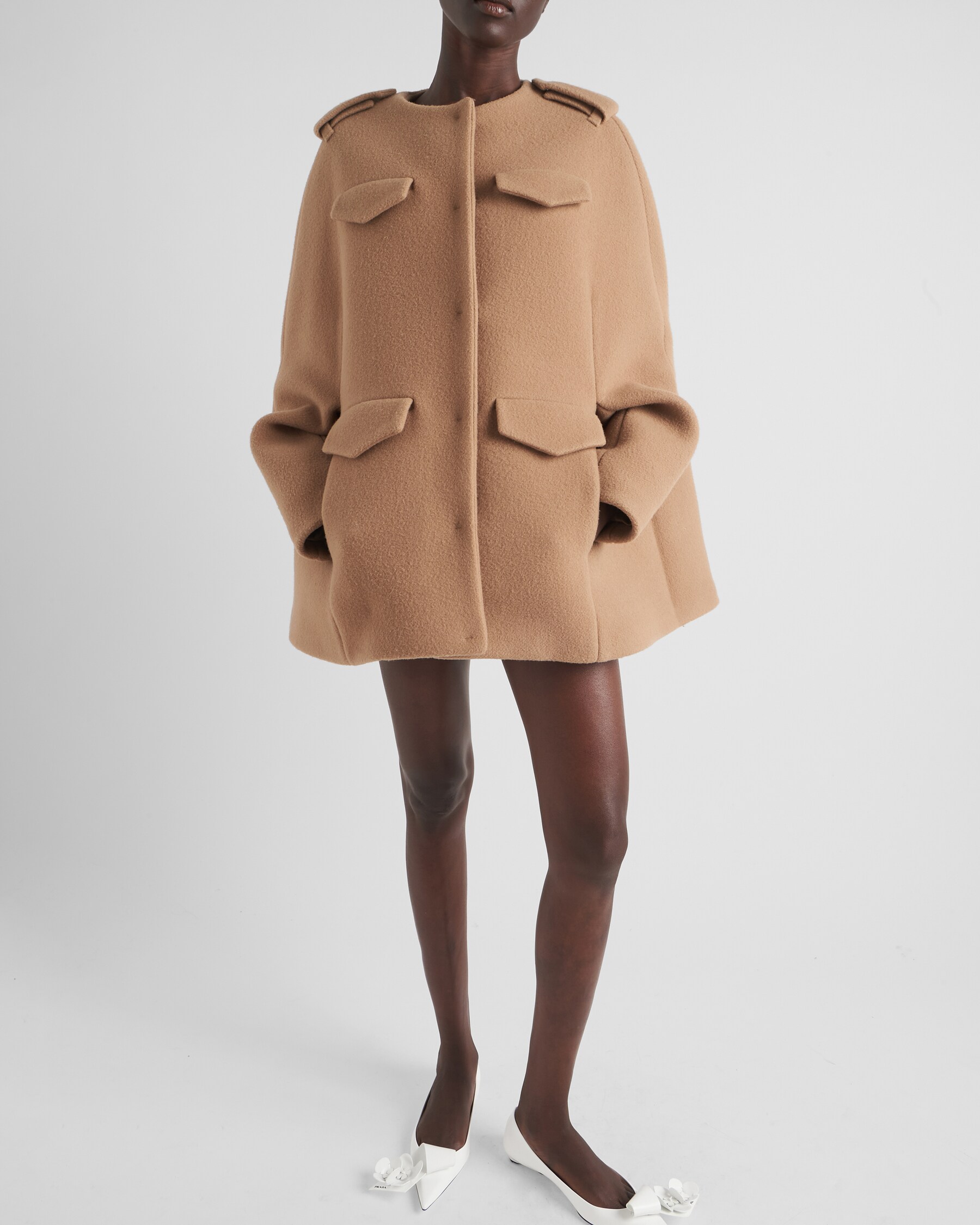 Camel Brown Single-breasted Velour Caban Jacket | PRADA