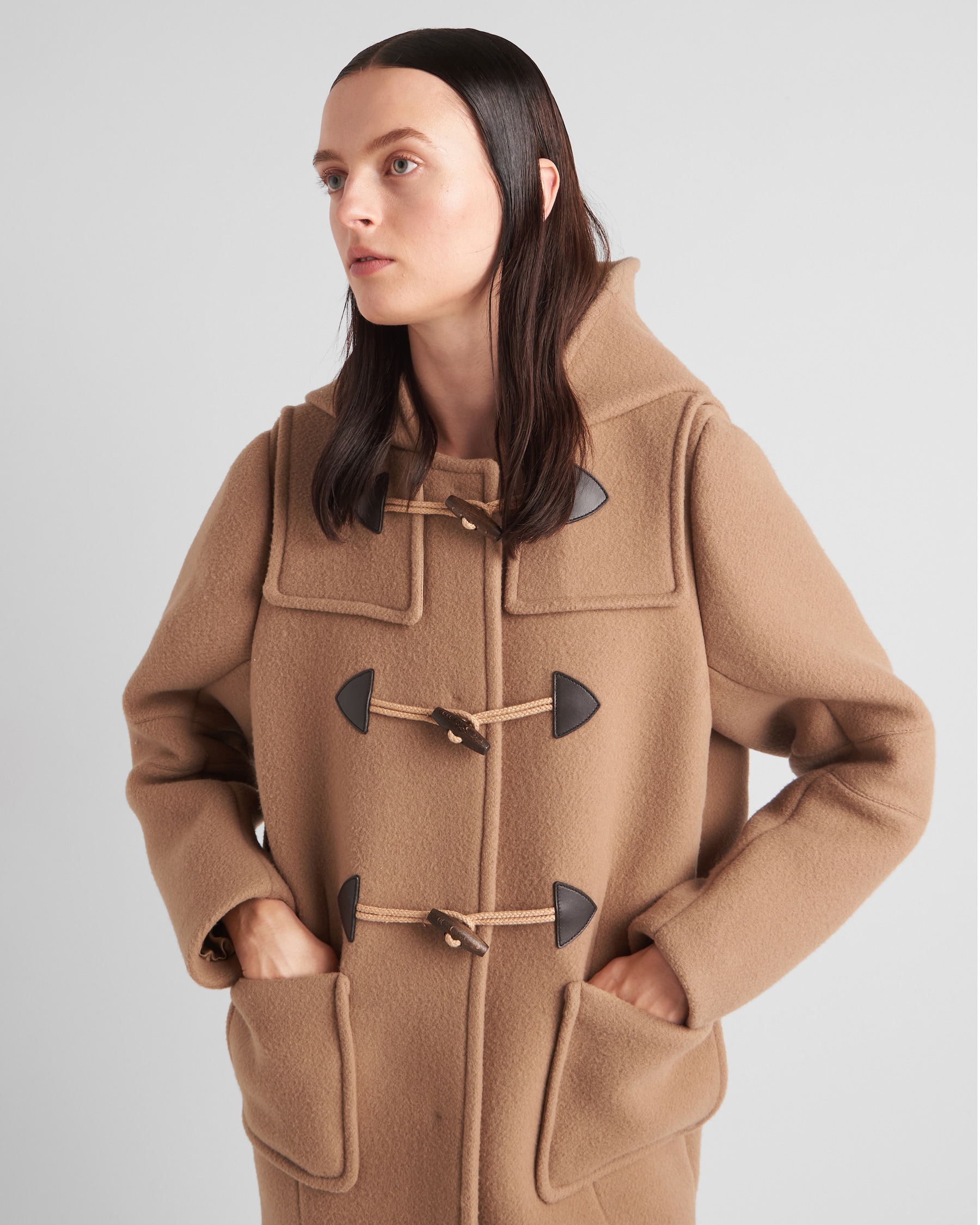 Camel Brown Long Velour Duffle Coat | PRADA