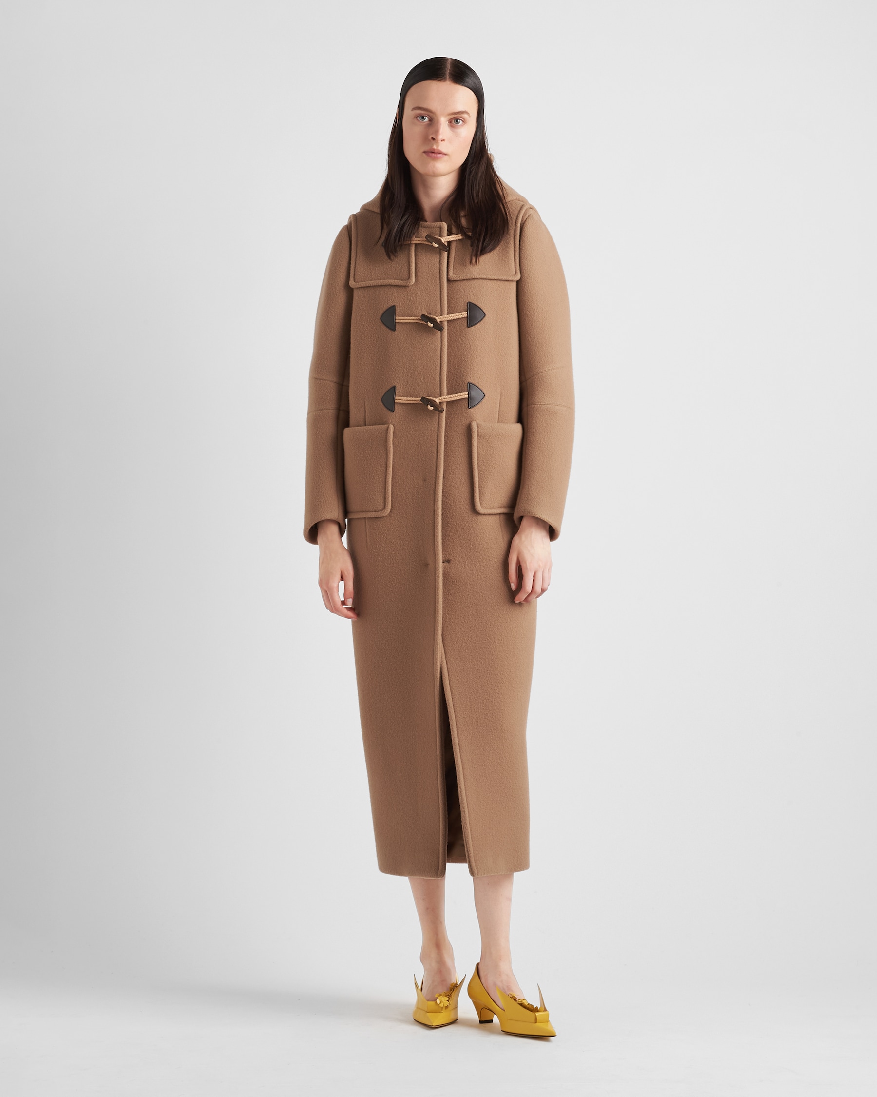 Camel Brown Long Velour Duffle Coat | PRADA