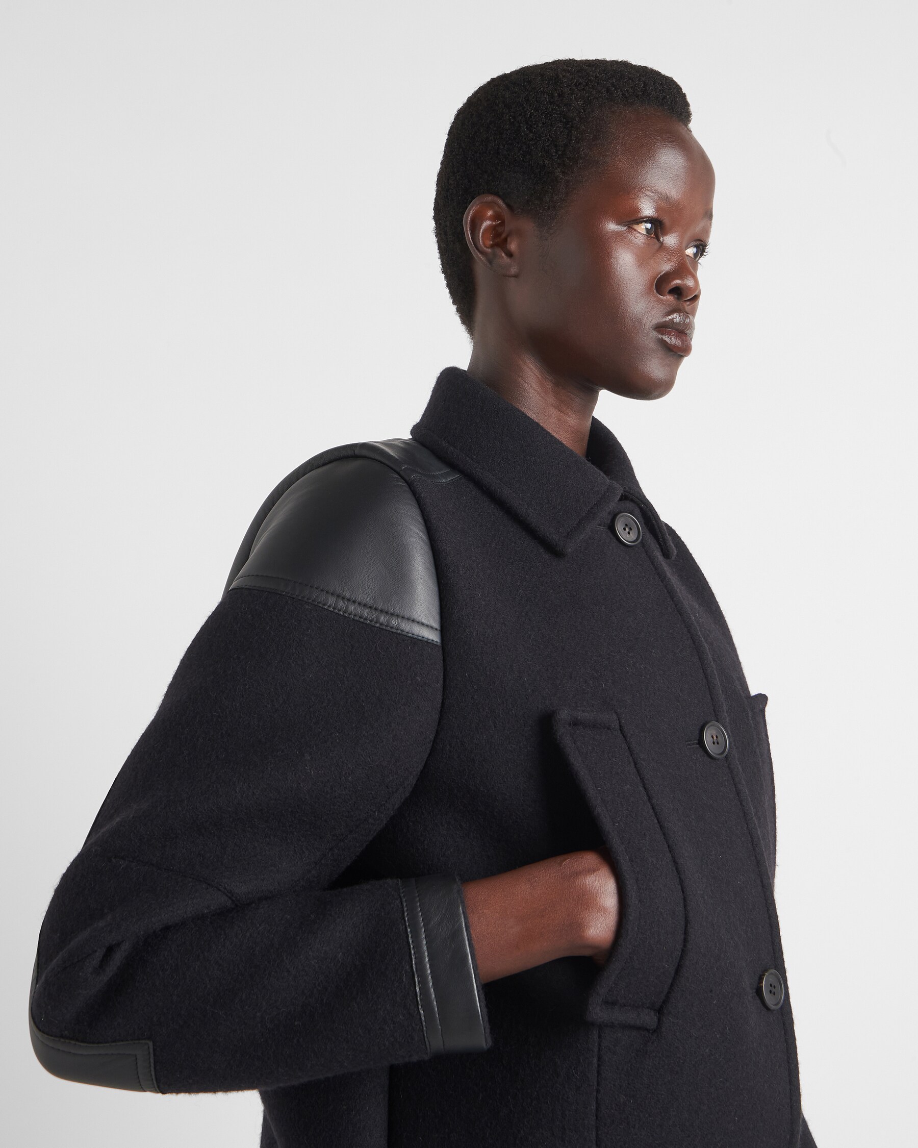 Black Single-breasted Cloth And Leather Coat | PRADA