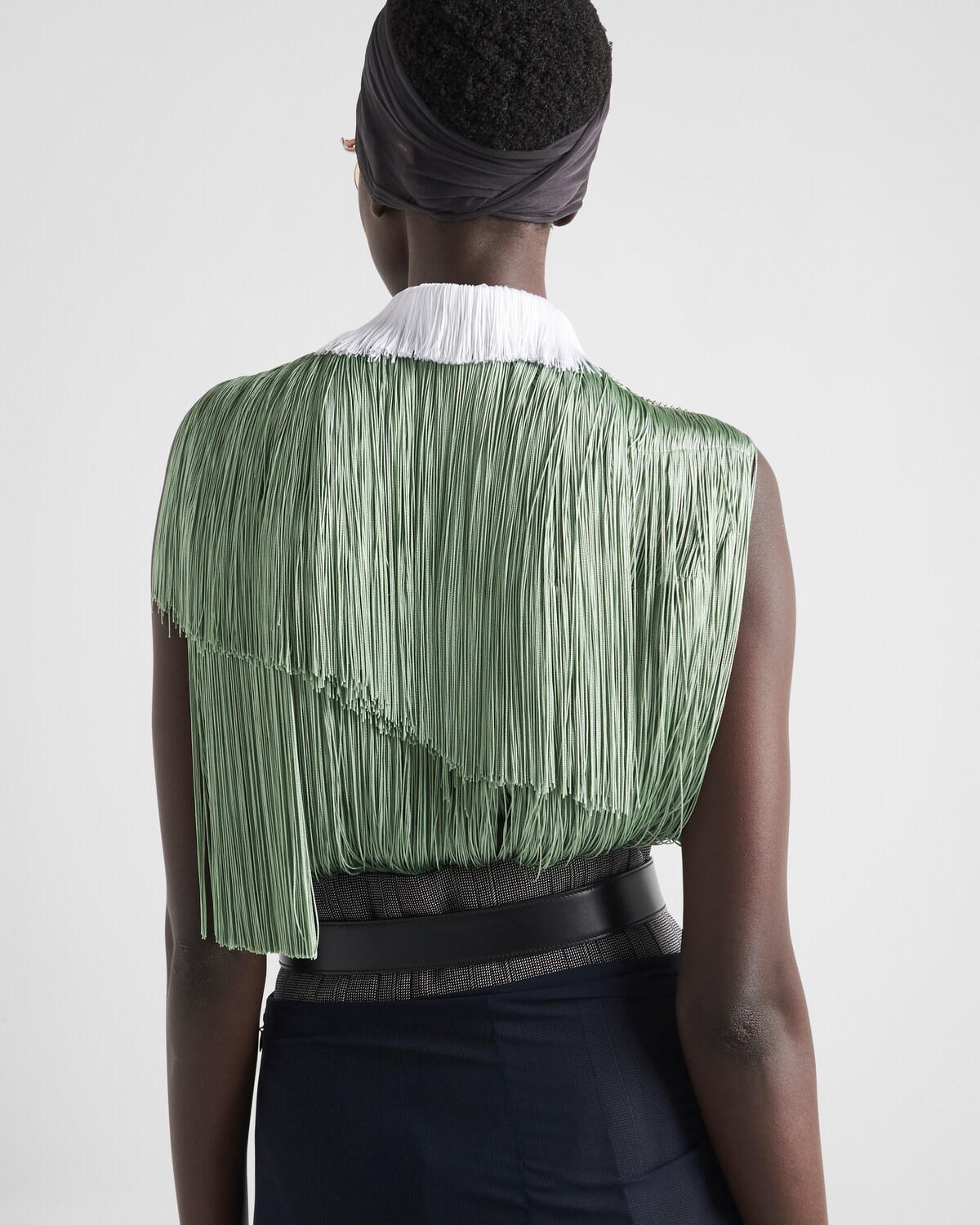 Agave Green Organza Top With Fringe | PRADA