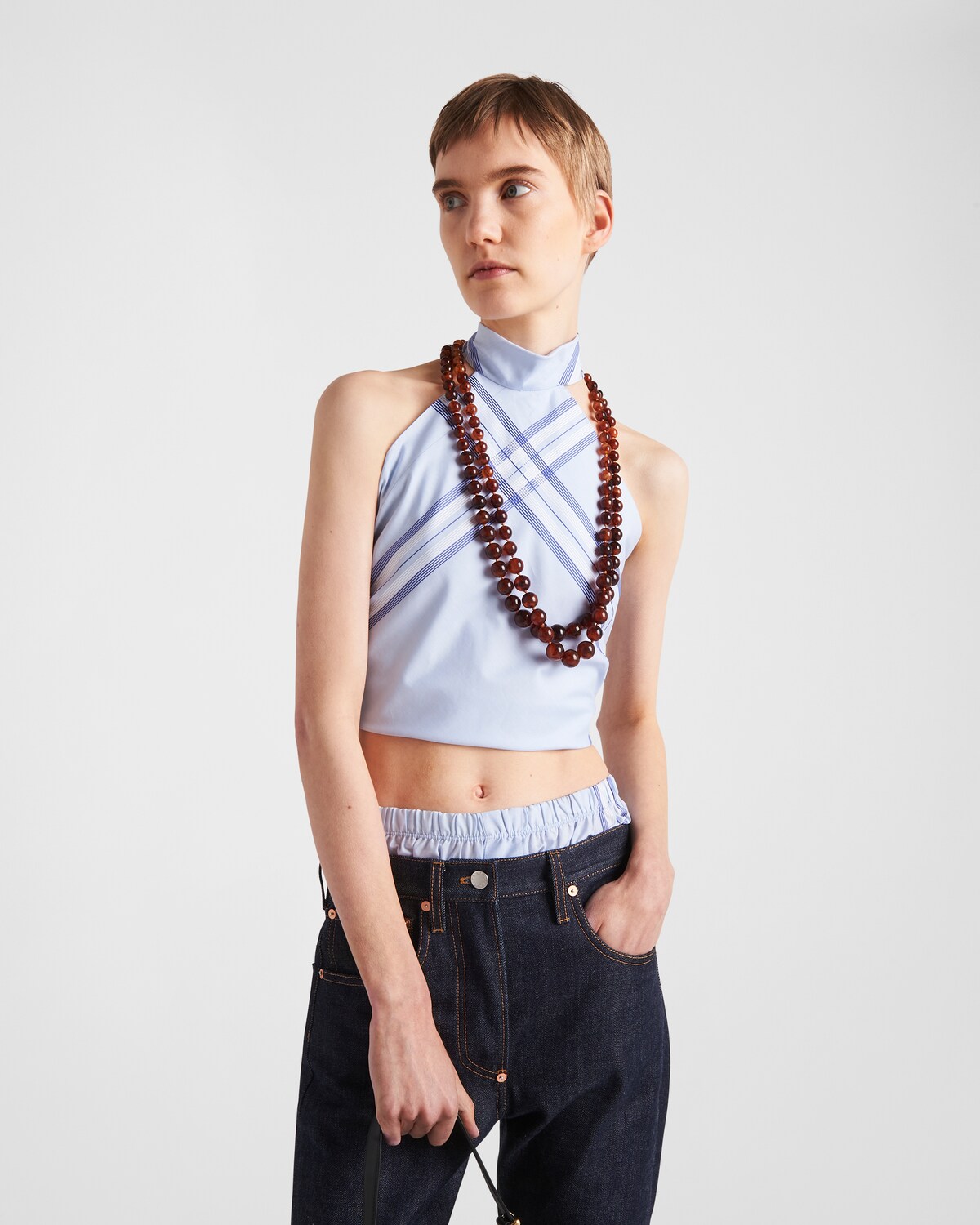 Sky Blue Checked Cotton Halter Top | PRADA
