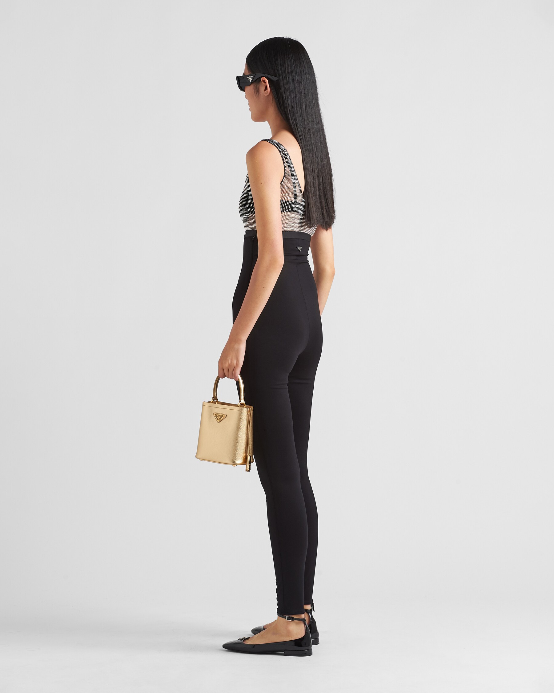 Hematite Embroidered Rhinestone Mesh Top | PRADA