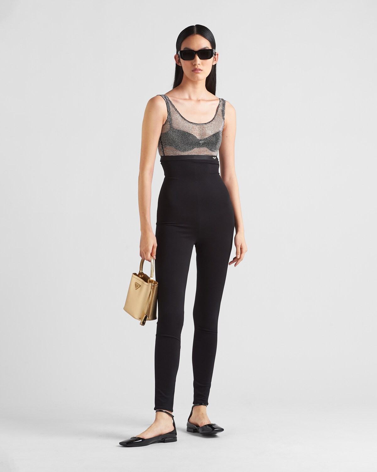 Hematite Embroidered Rhinestone Mesh Top | PRADA