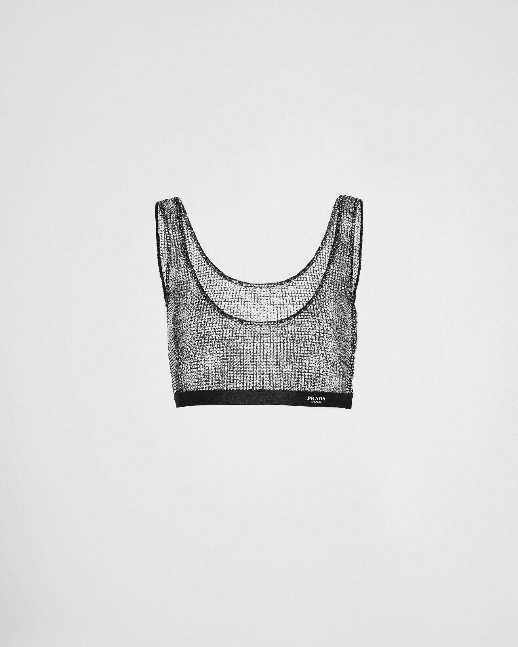 Hematite Embroidered Rhinestone Mesh Top | PRADA