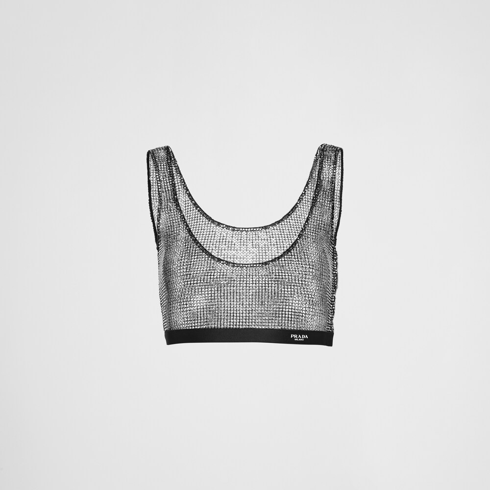 Hematite Embroidered rhinestone mesh top | Prada
