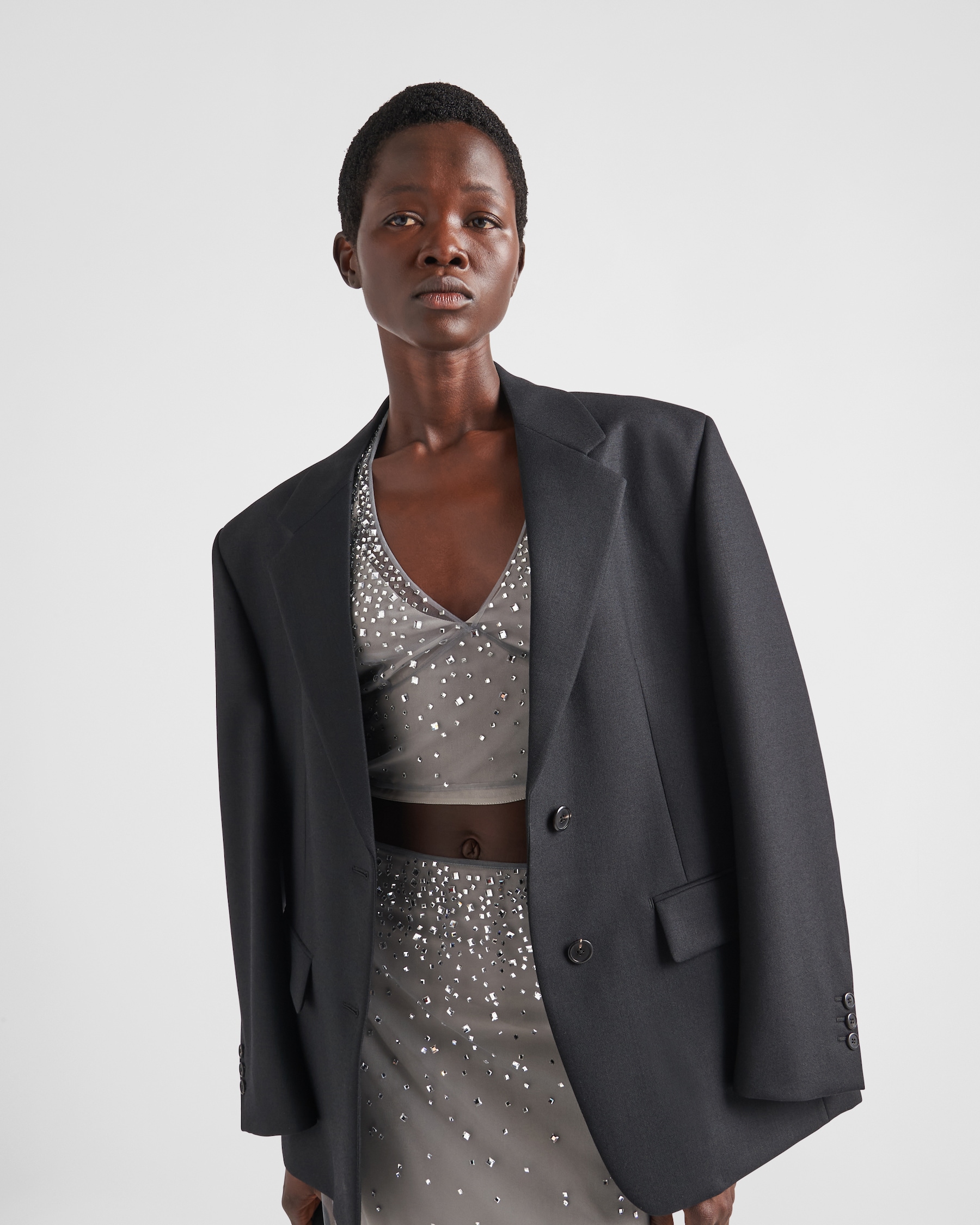 Granite Gray Crystal-studded Tulle Top | PRADA