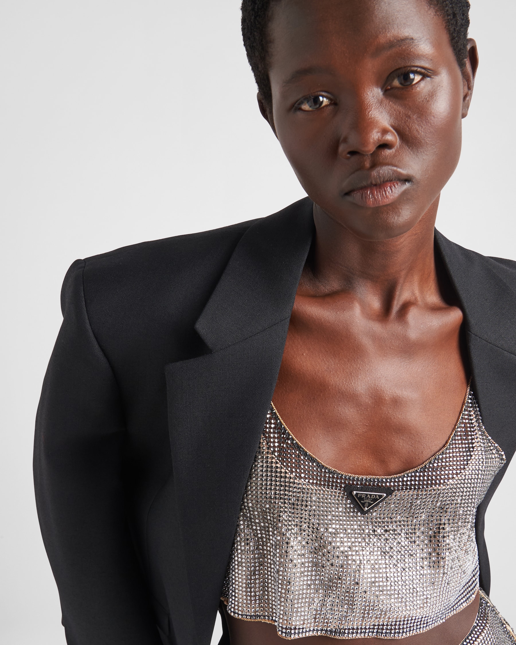 Crystal Embroidered Rhinestone Mesh Top | PRADA