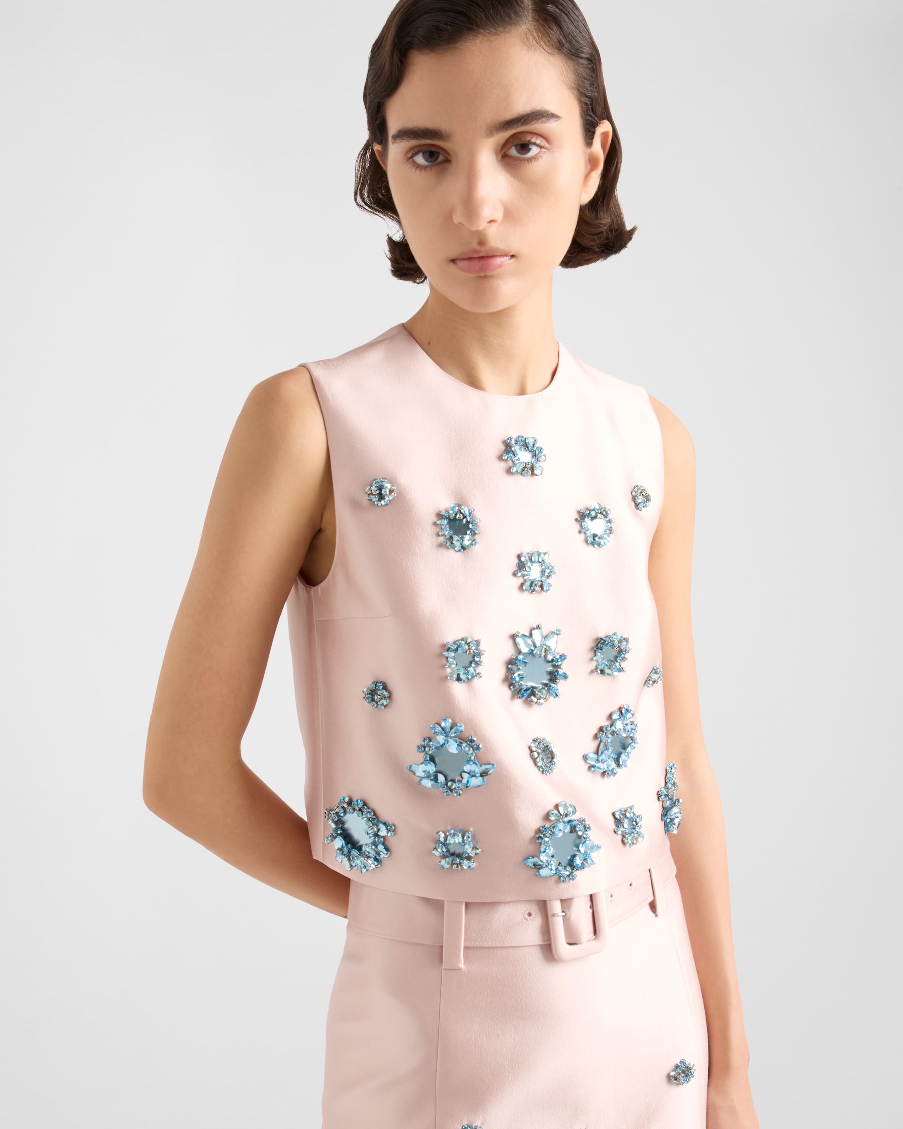 Alabaster Pink Embroidered Silk And Wool Top | PRADA