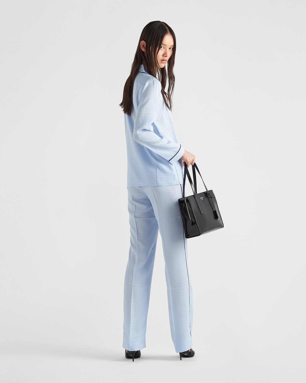 Light Blue Jacquard Crêpe De Chine Pajamas | PRADA