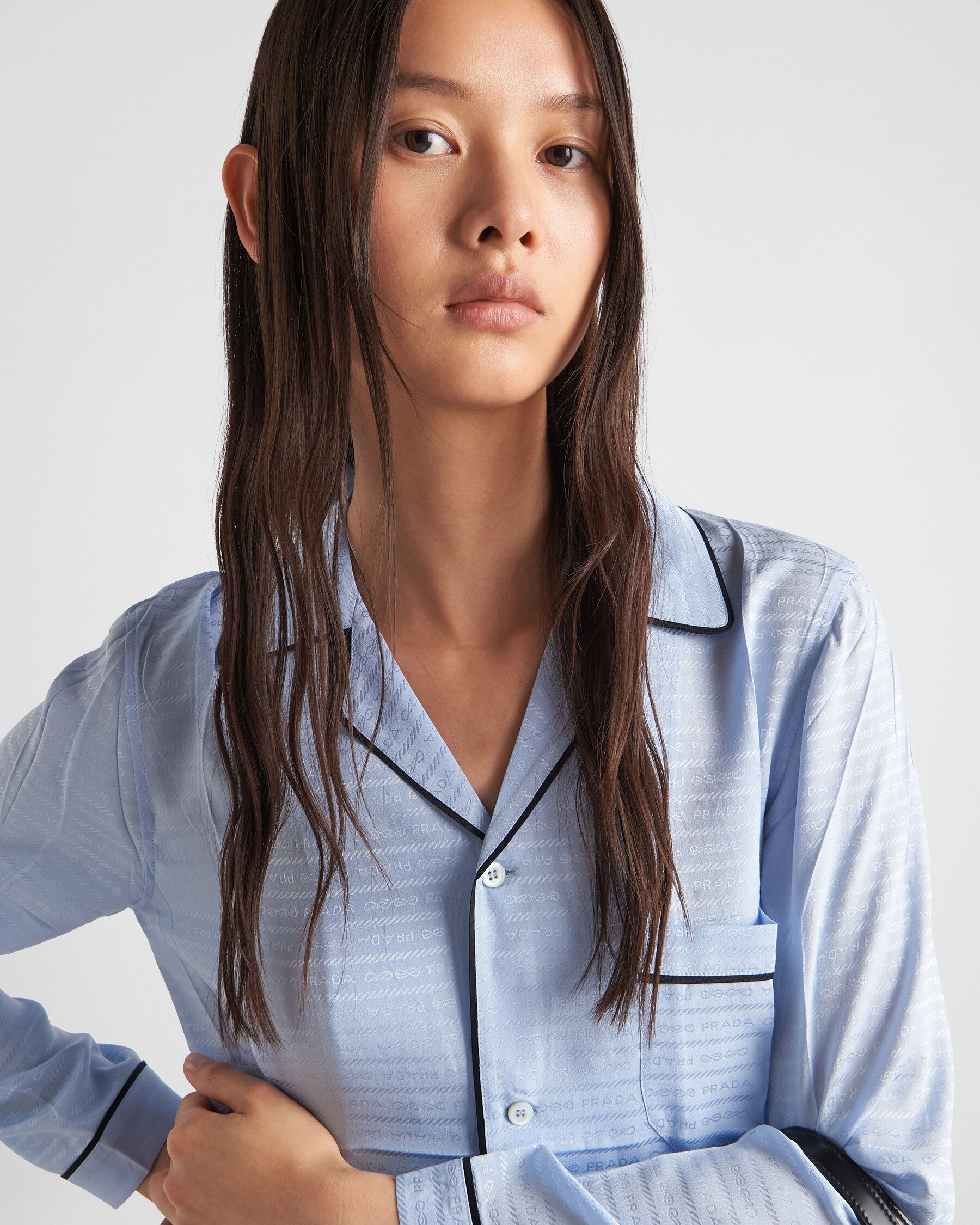 Light Blue Jacquard Crêpe De Chine Pajamas | PRADA