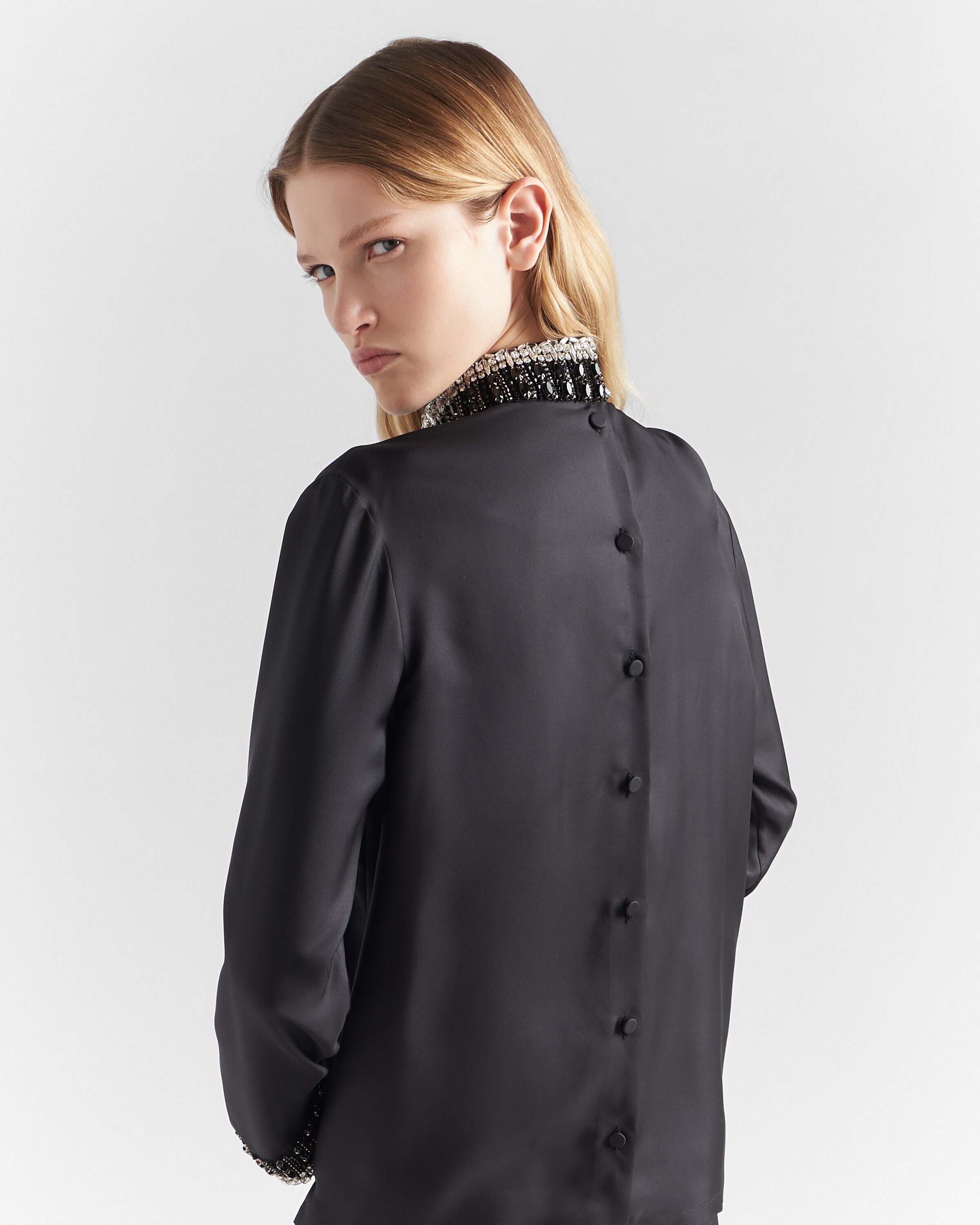 Black Embroidered silk twill pajamas | Prada