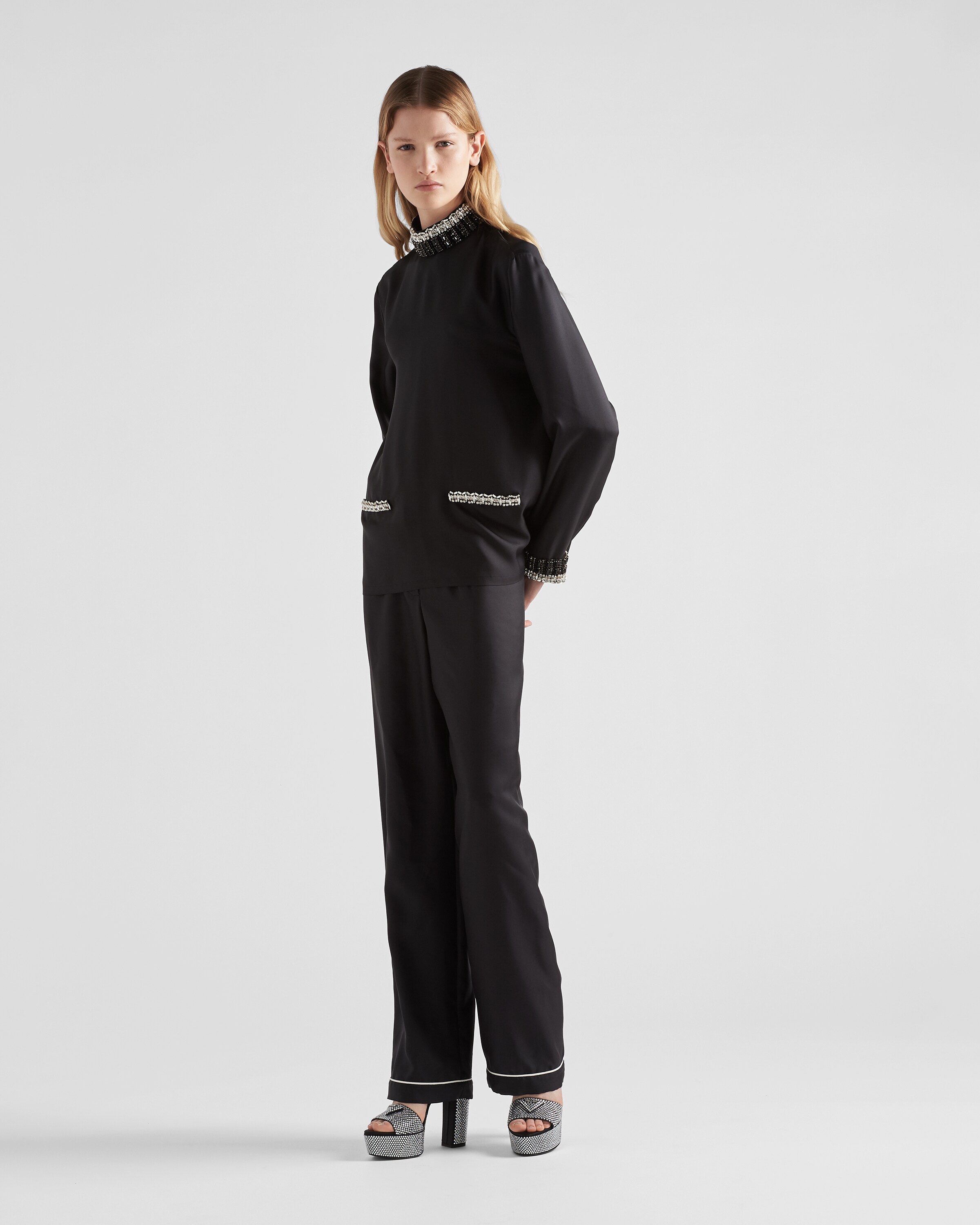 Black Embroidered silk twill pajamas | Prada