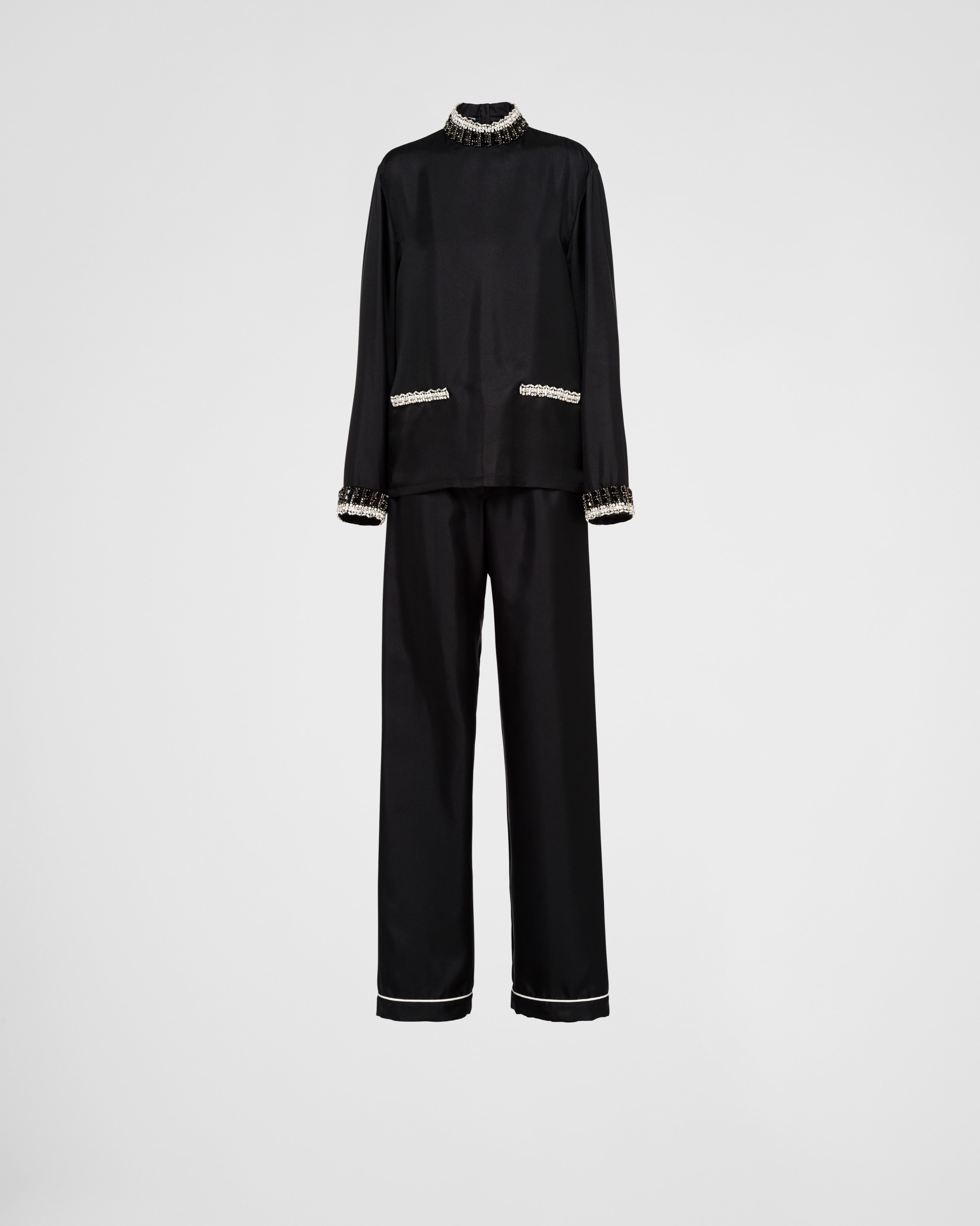 Black Embroidered silk twill pajamas | Prada