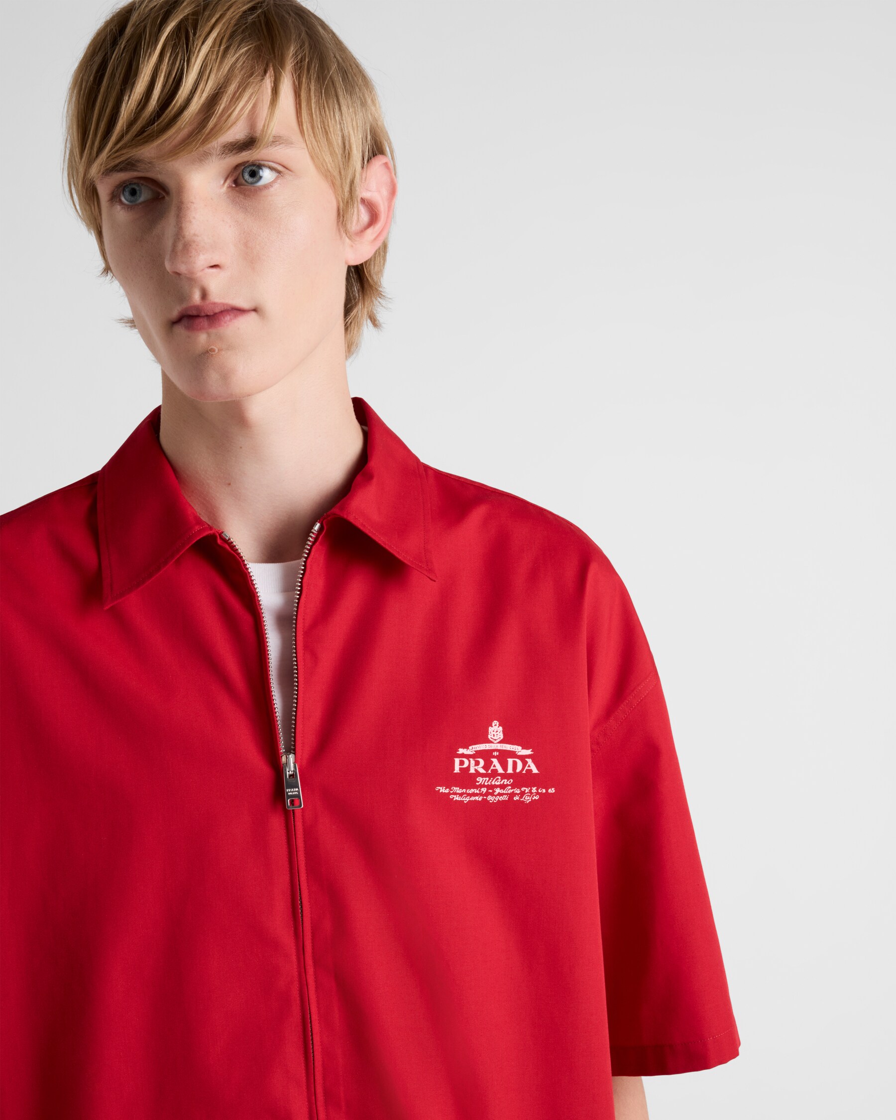 Red Short-sleeved Technical Cotton Shirt | PRADA
