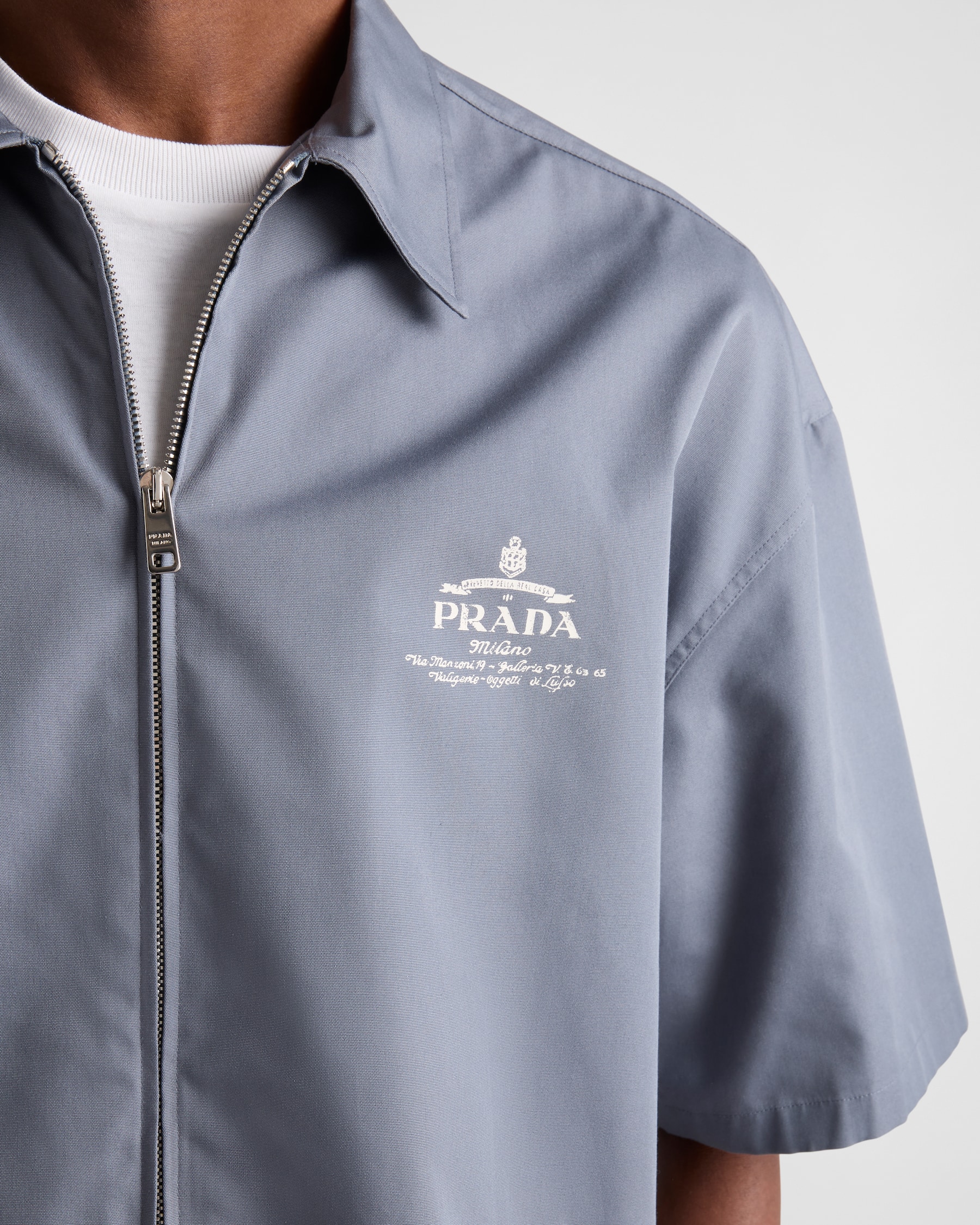 Aviator Blue Short-sleeved Technical Cotton Shirt | PRADA