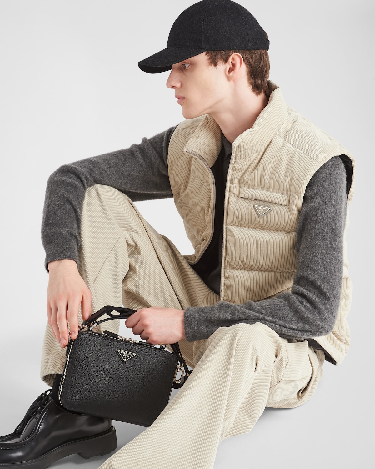 Chalk White Cropped Corduroy Down Vest | PRADA
