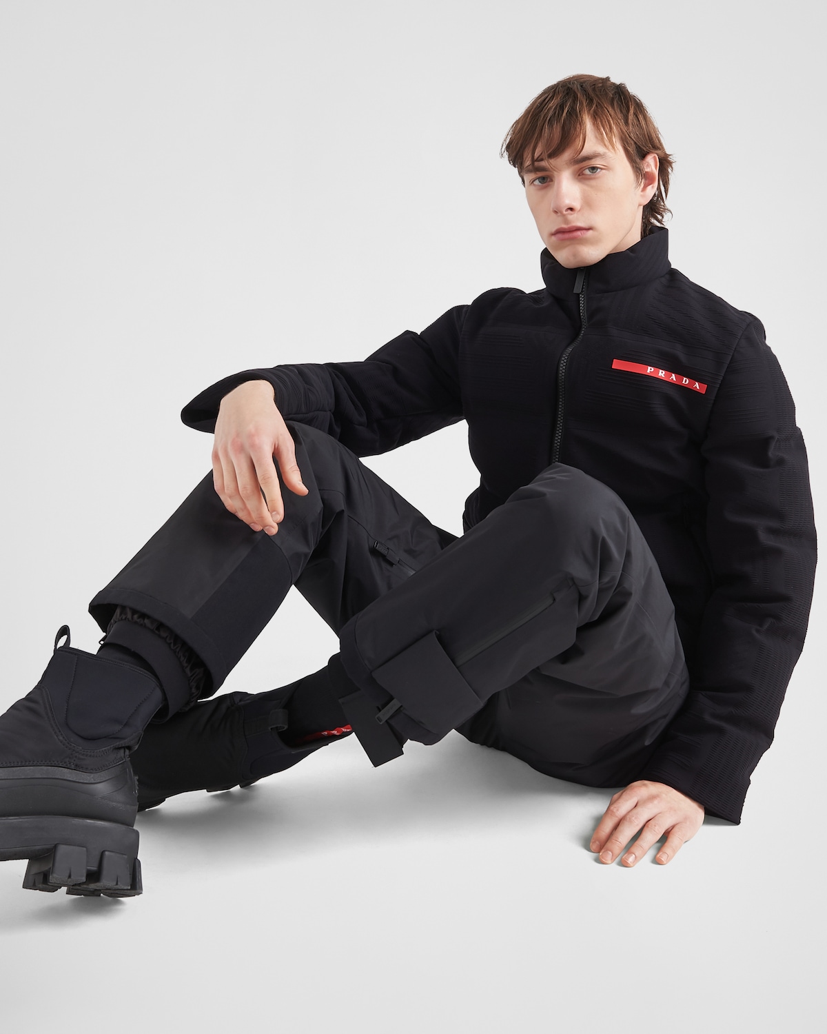 Black Cropped Technical Knit Puffer Jacket | PRADA - United States