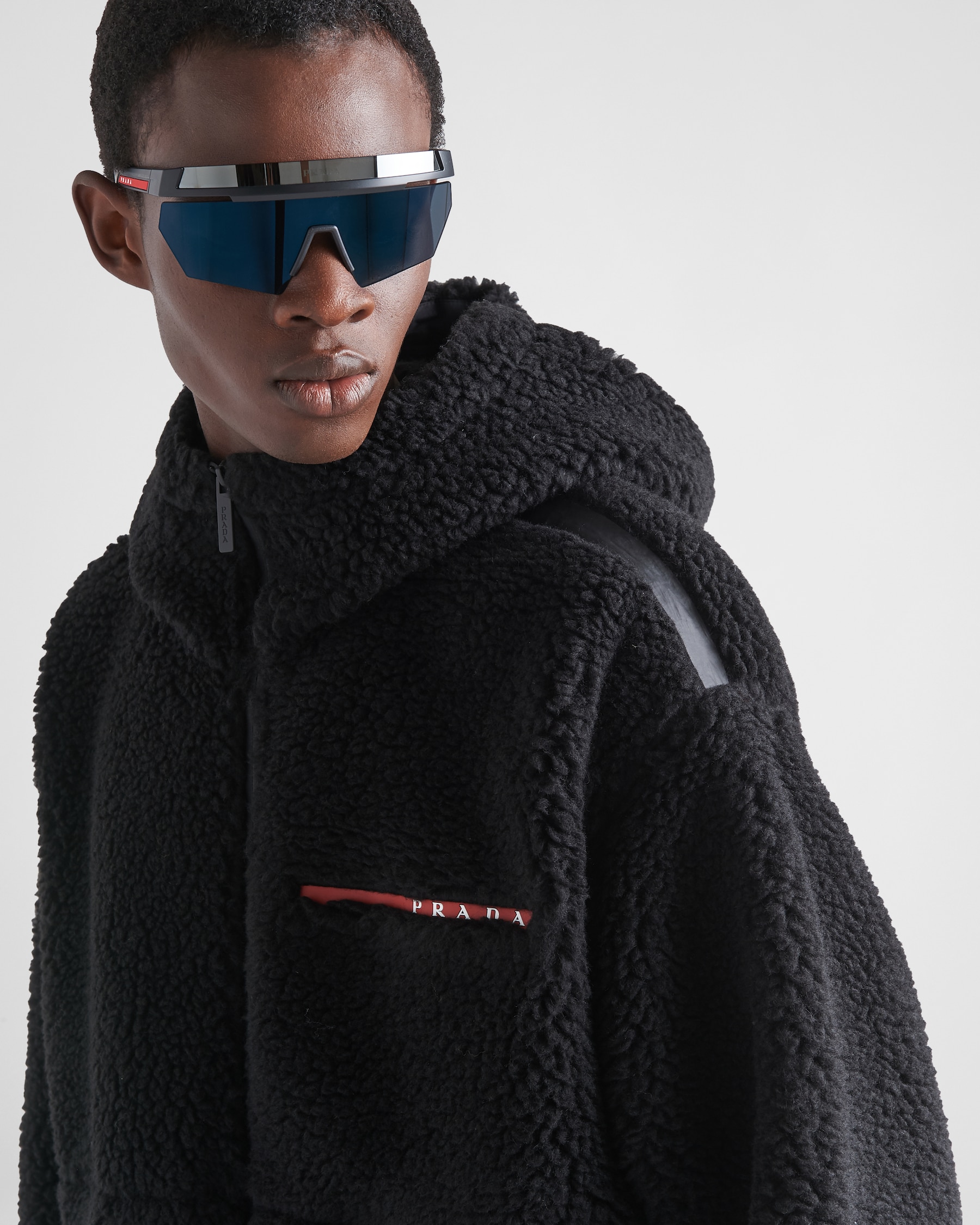 Black Recycled Fleece Hooded Jacket | PRADA