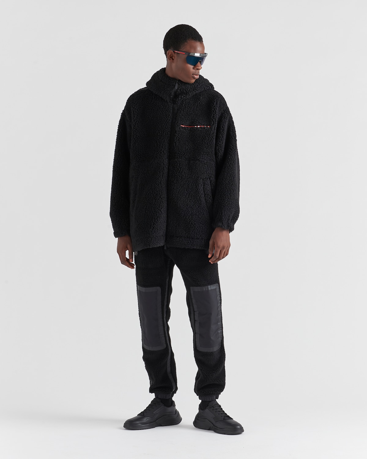 Black Recycled Fleece Hooded Jacket | PRADA
