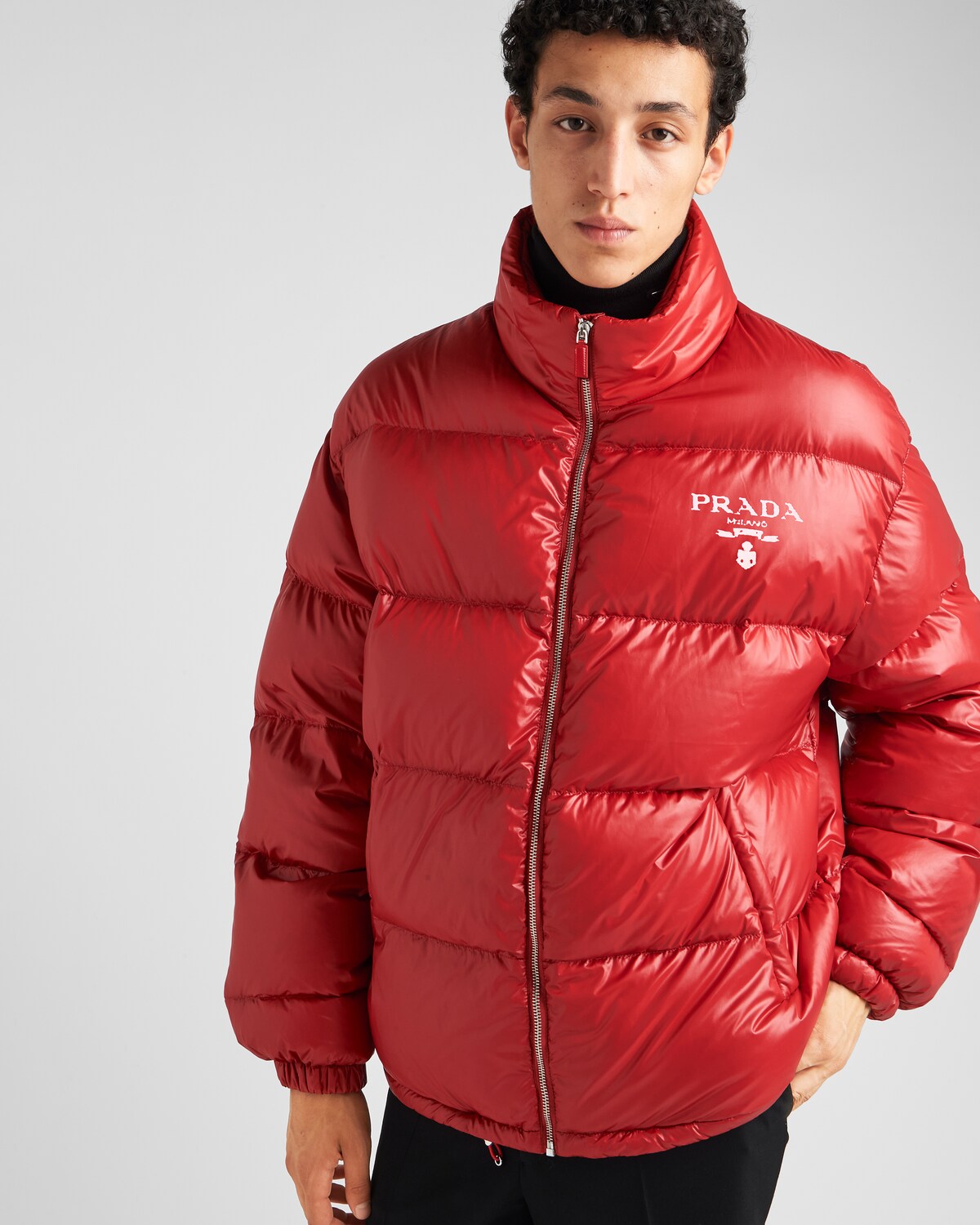 Red Cropped Re-nylon Down Jacket | PRADA