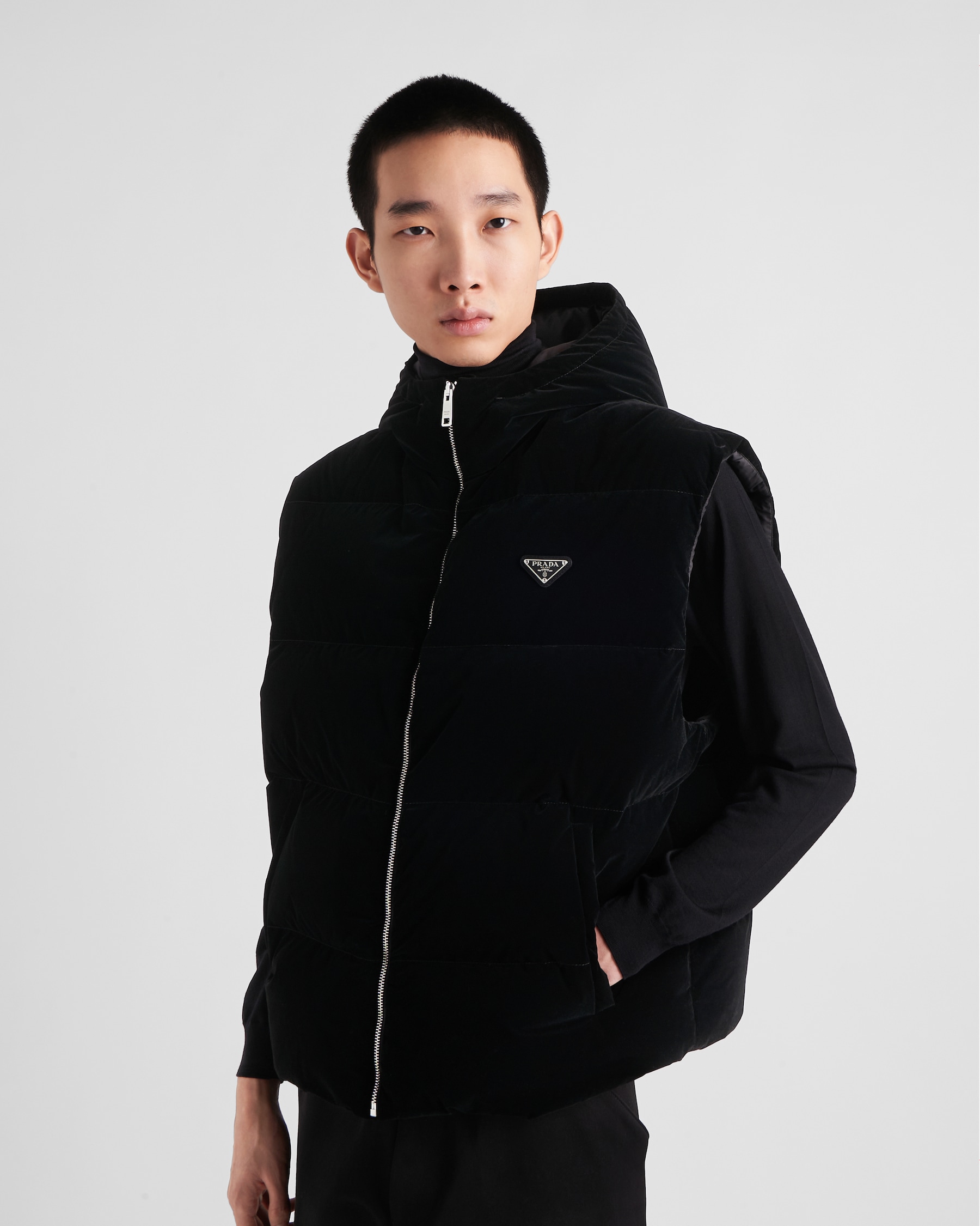 Black Hooded Technical Fabric Down Vest | PRADA