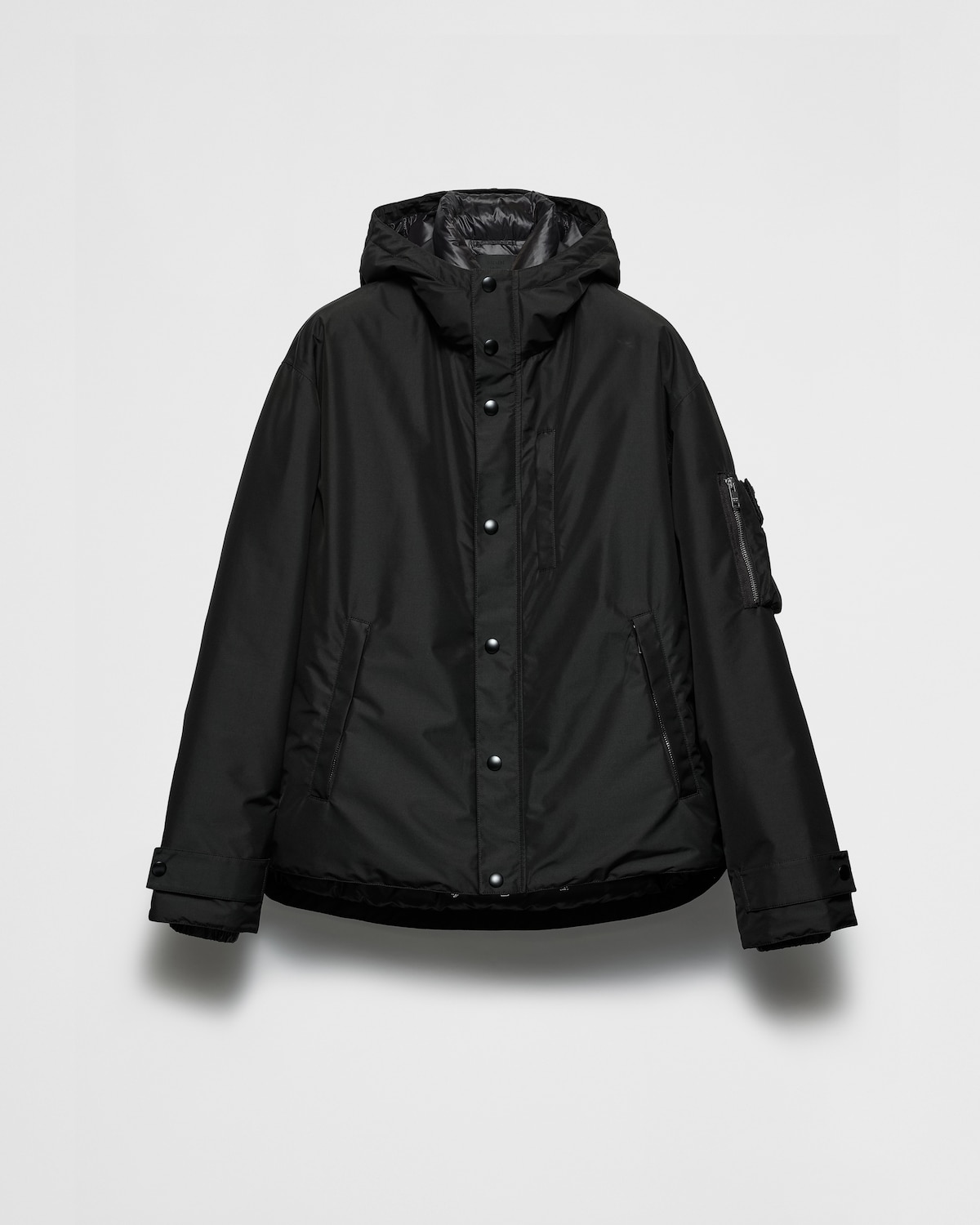 Black Technical Fabric Down Jacket With Hood | PRADA - United States