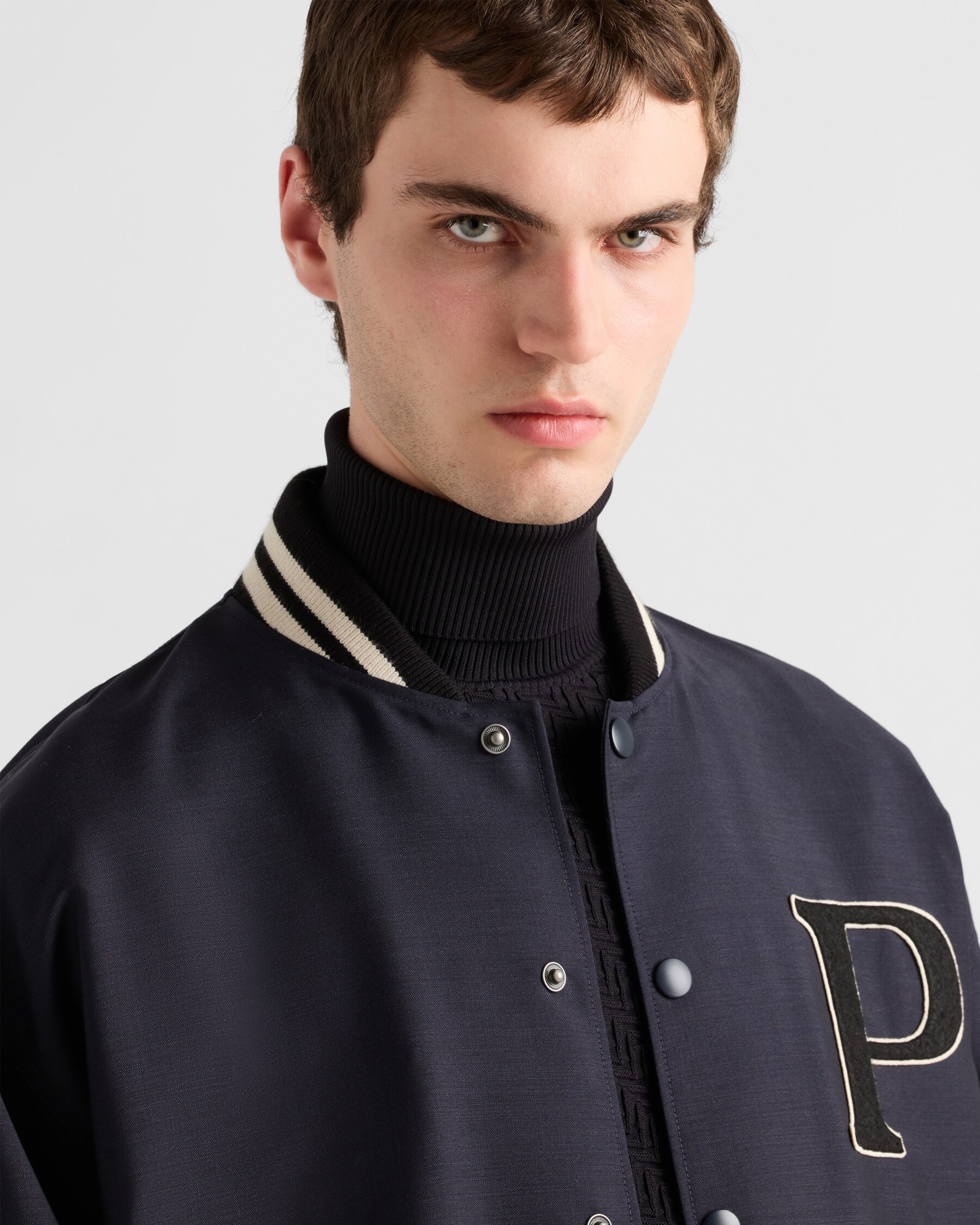 Navy Mohair Wool Bomber Jacket With Patch | PRADA