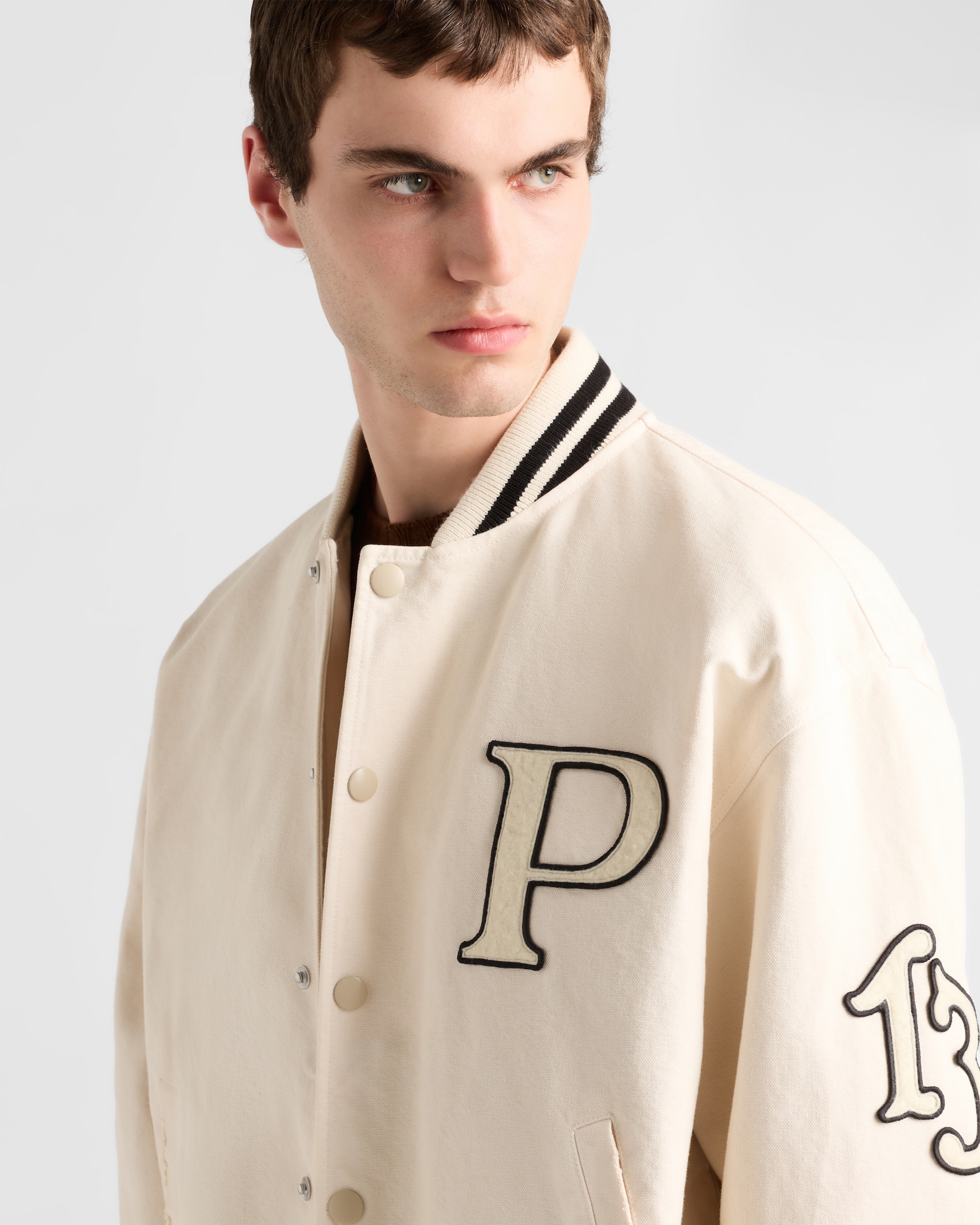 Ivory Cotton Bomber Jacket With Patch | PRADA