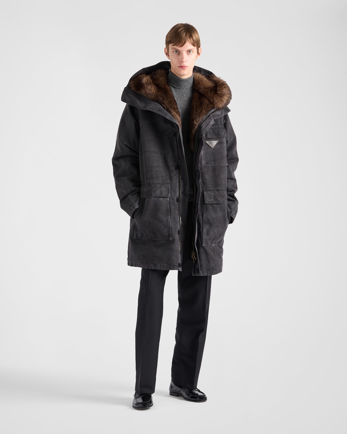 Black Cotton Jacket With Shearling Collar | PRADA