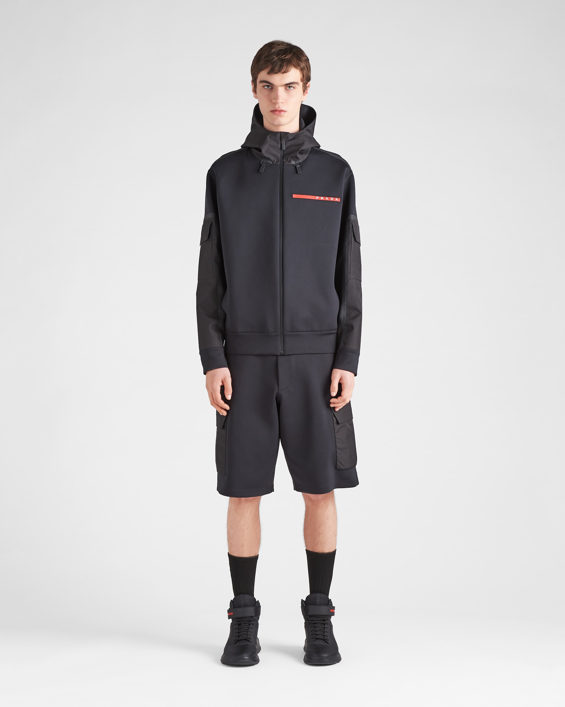 Black Recycled Technical Jersey Hoodie | PRADA