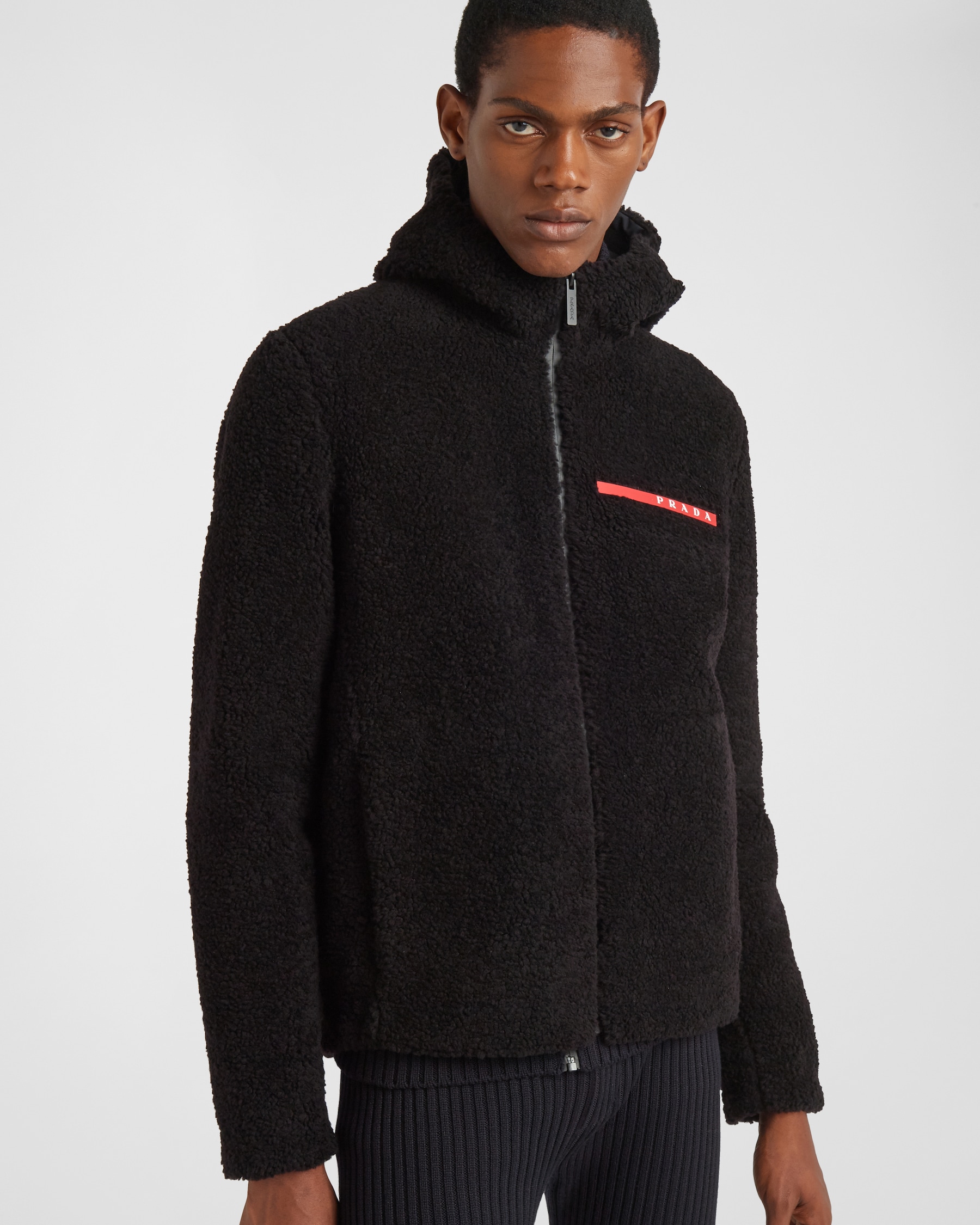 Black Wool Blend Fleece Cardigan Hoodie | PRADA
