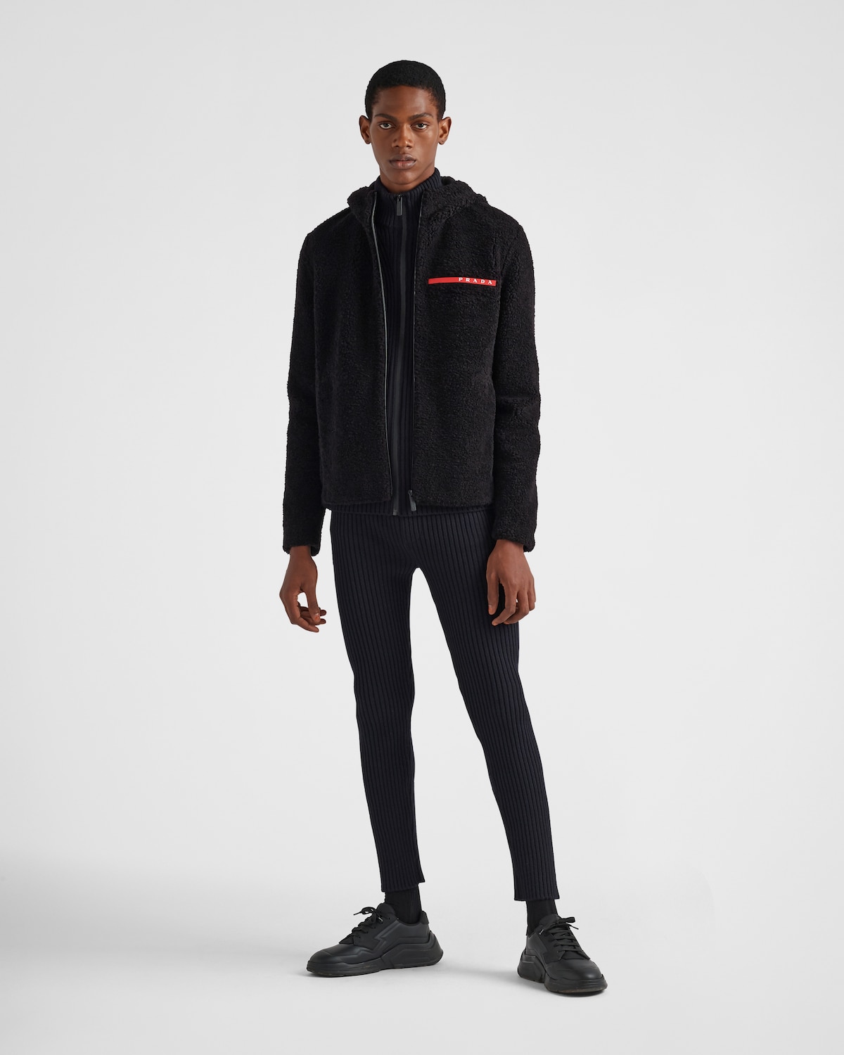 Black Wool Blend Fleece Cardigan Hoodie | PRADA