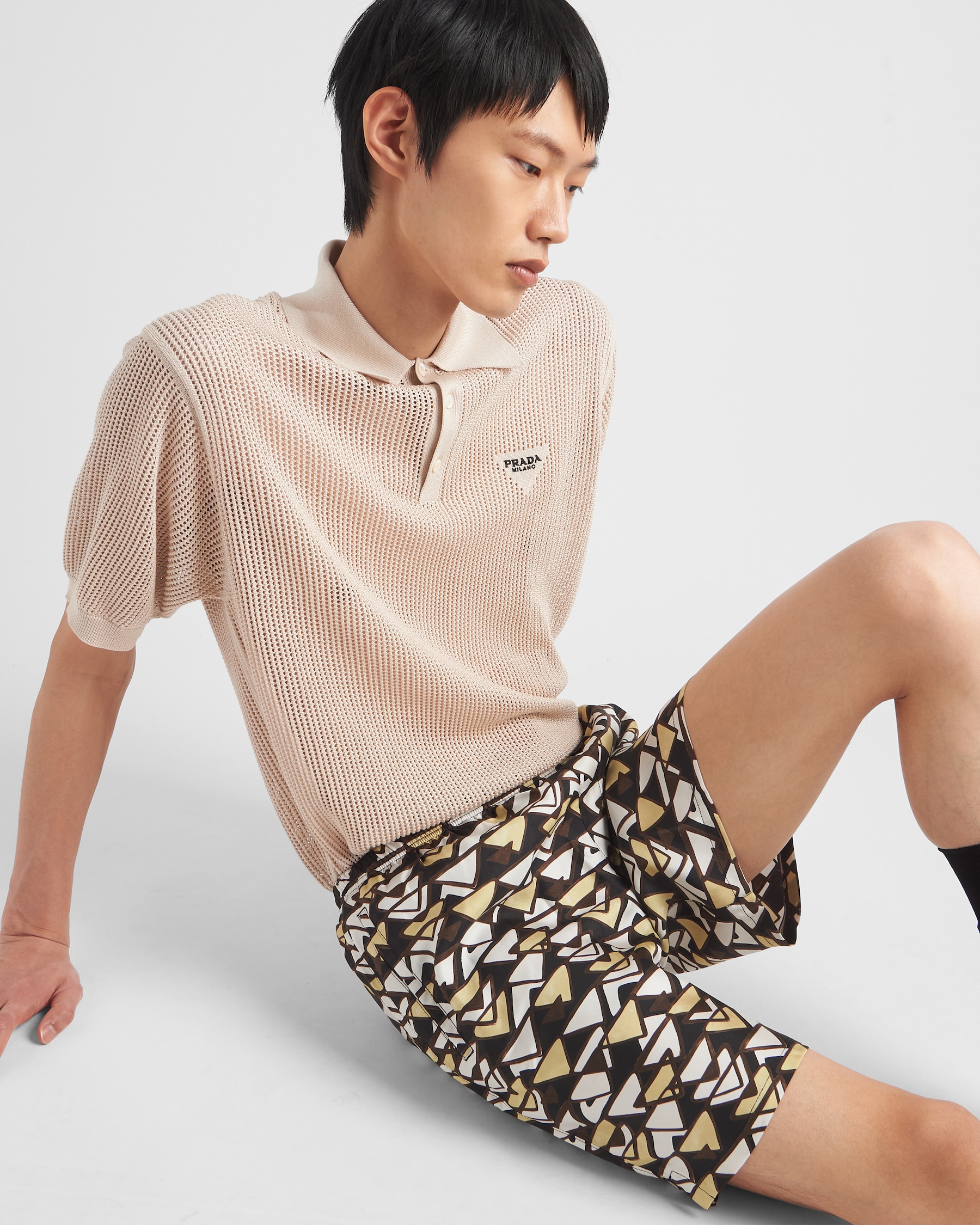 Black/vanilla Silk Twill Swim Trunks | PRADA