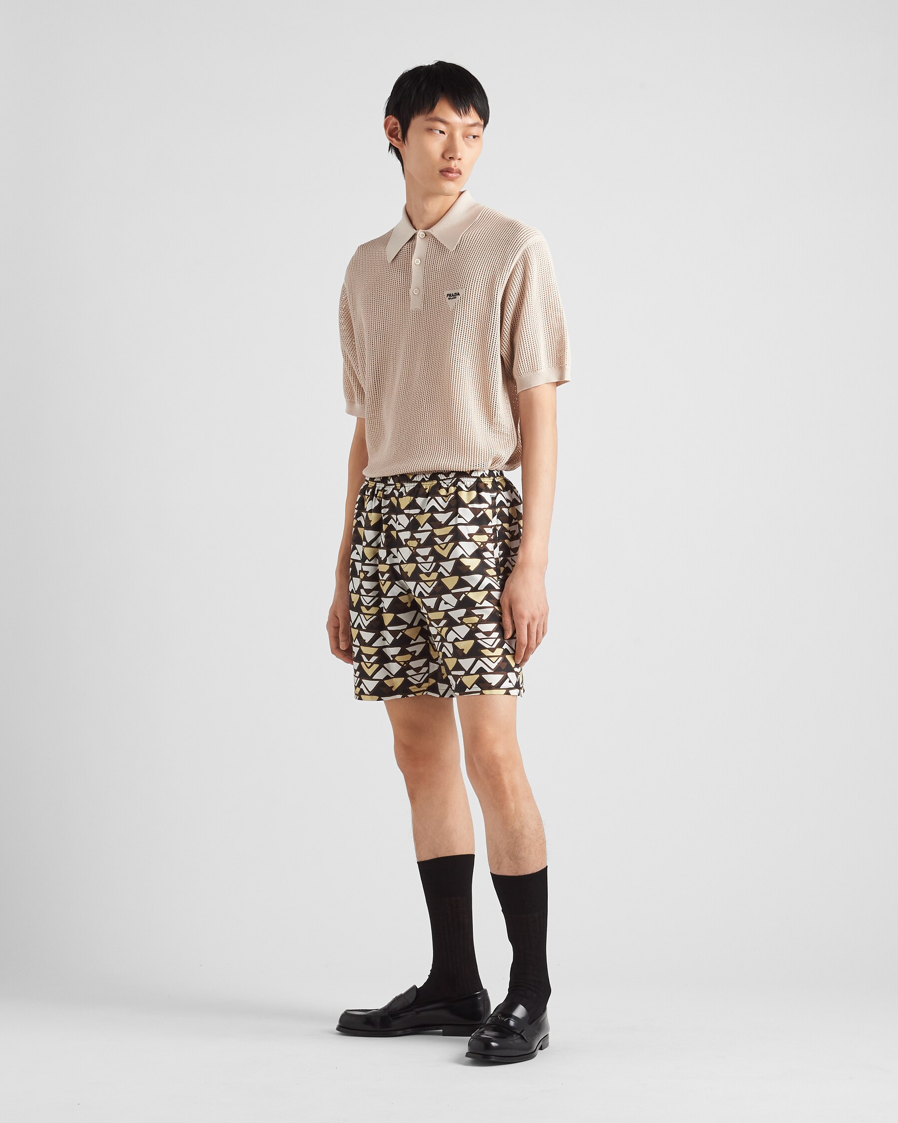 Black/vanilla Silk Twill Swim Trunks | PRADA