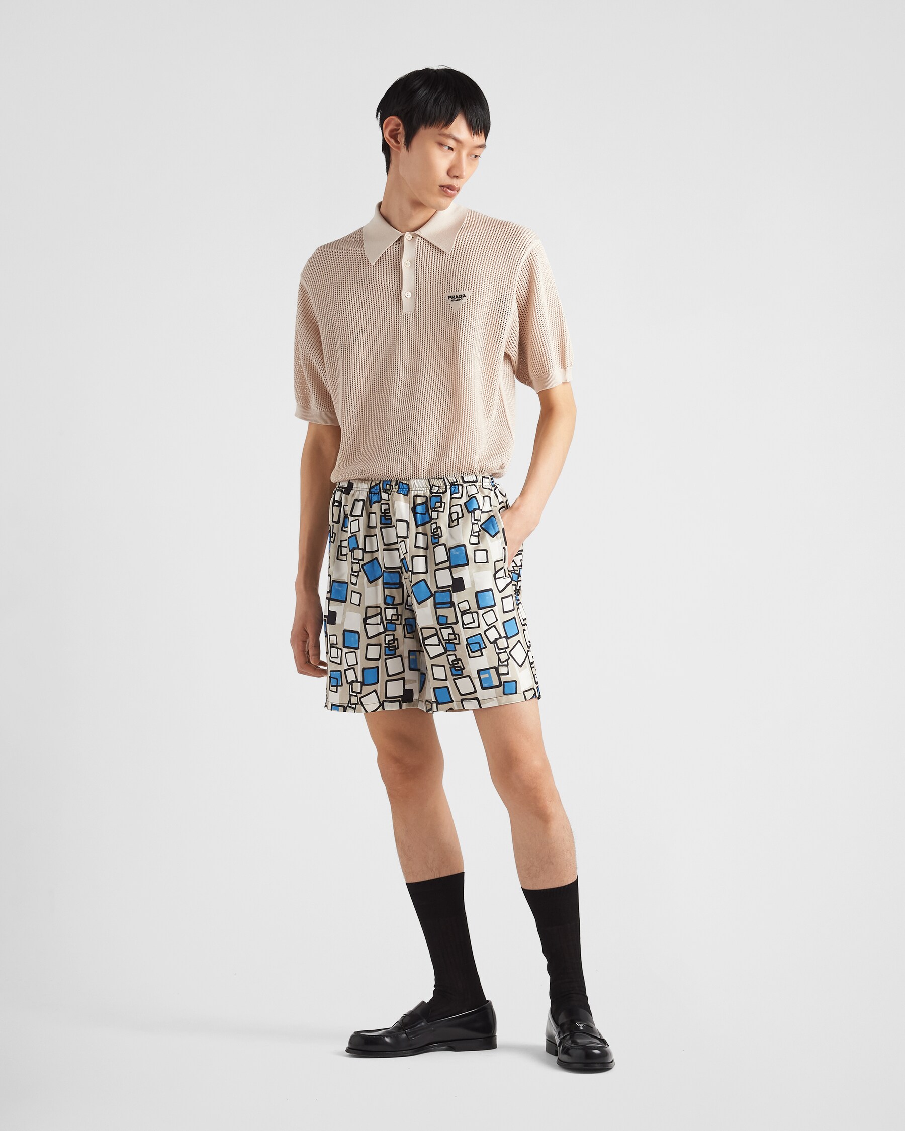 Limestone/light Blue Silk Twill Swim Trunks | PRADA