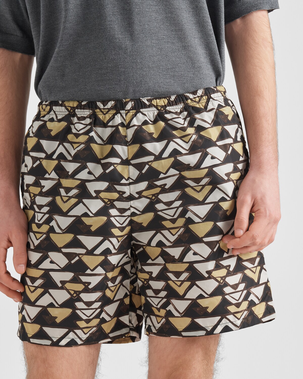 Black/vanilla Printed Re-nylon Swim Trunks | PRADA