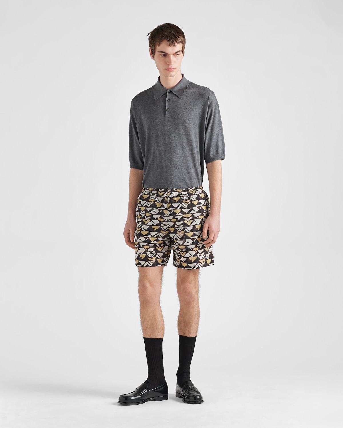 Black/vanilla Printed Re-nylon Swim Trunks | PRADA
