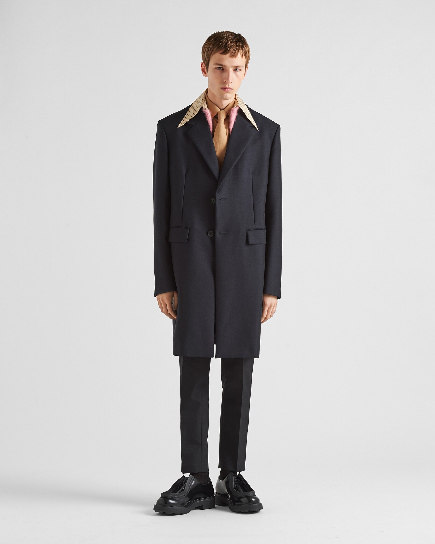 Navy Mohair Wool Coat With Collar | PRADA